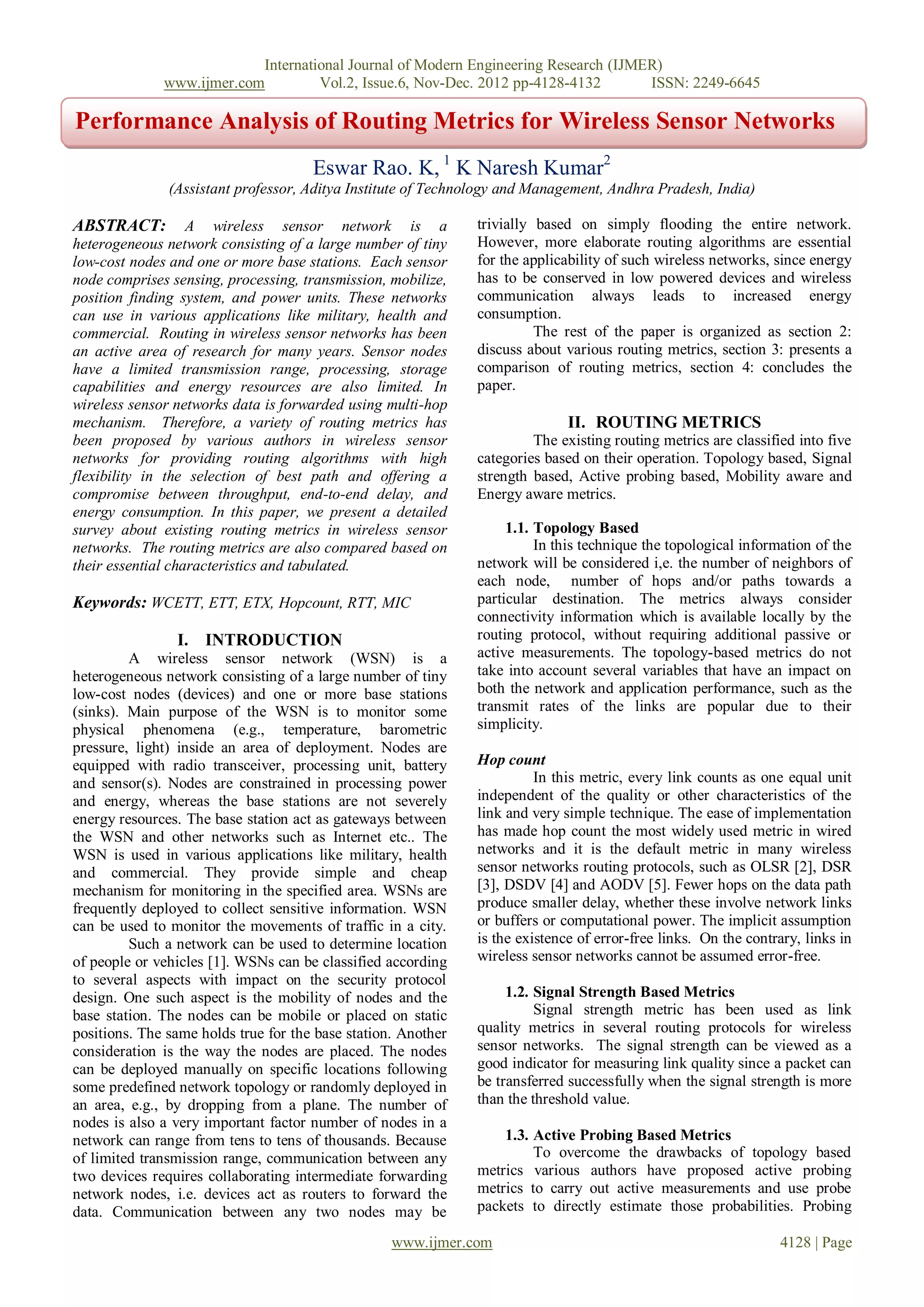 Performance Analysis of Routing Metrics for Wireless Sensor Networks | PDF | Internet of Things ...