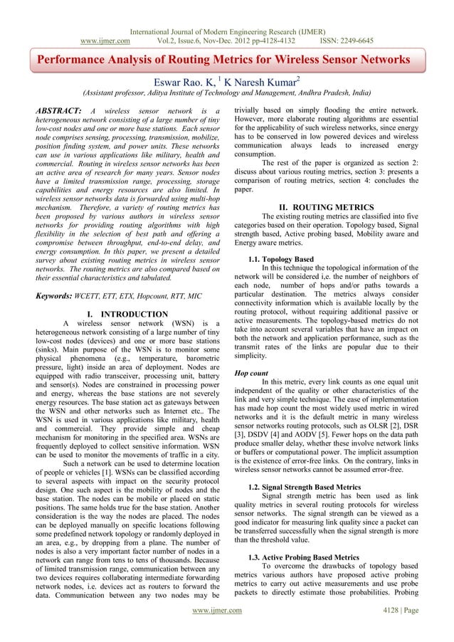 Performance Analysis of Routing Metrics for Wireless Sensor Networks | PDF | Internet of Things ...