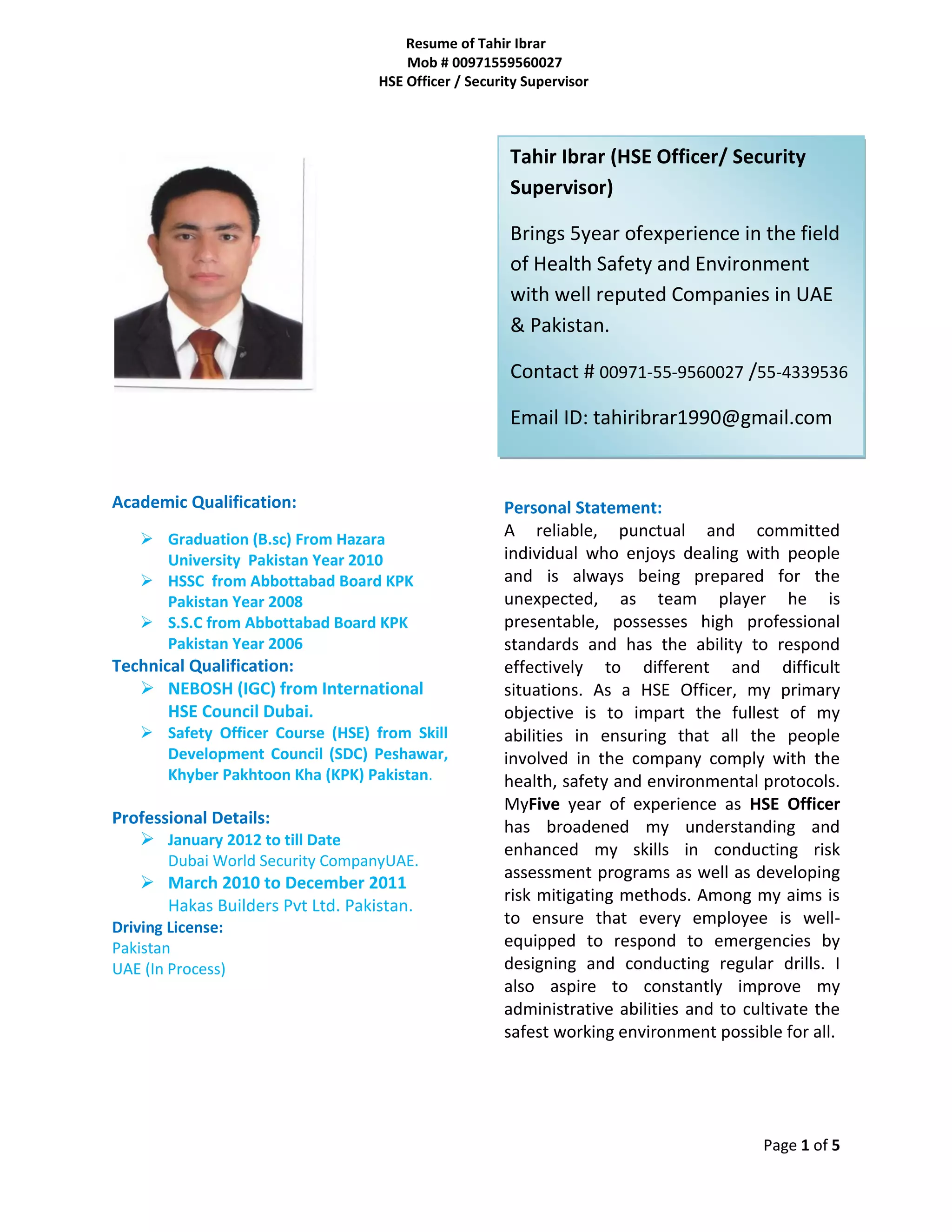 Resume of Tahir (HSE ) | PDF