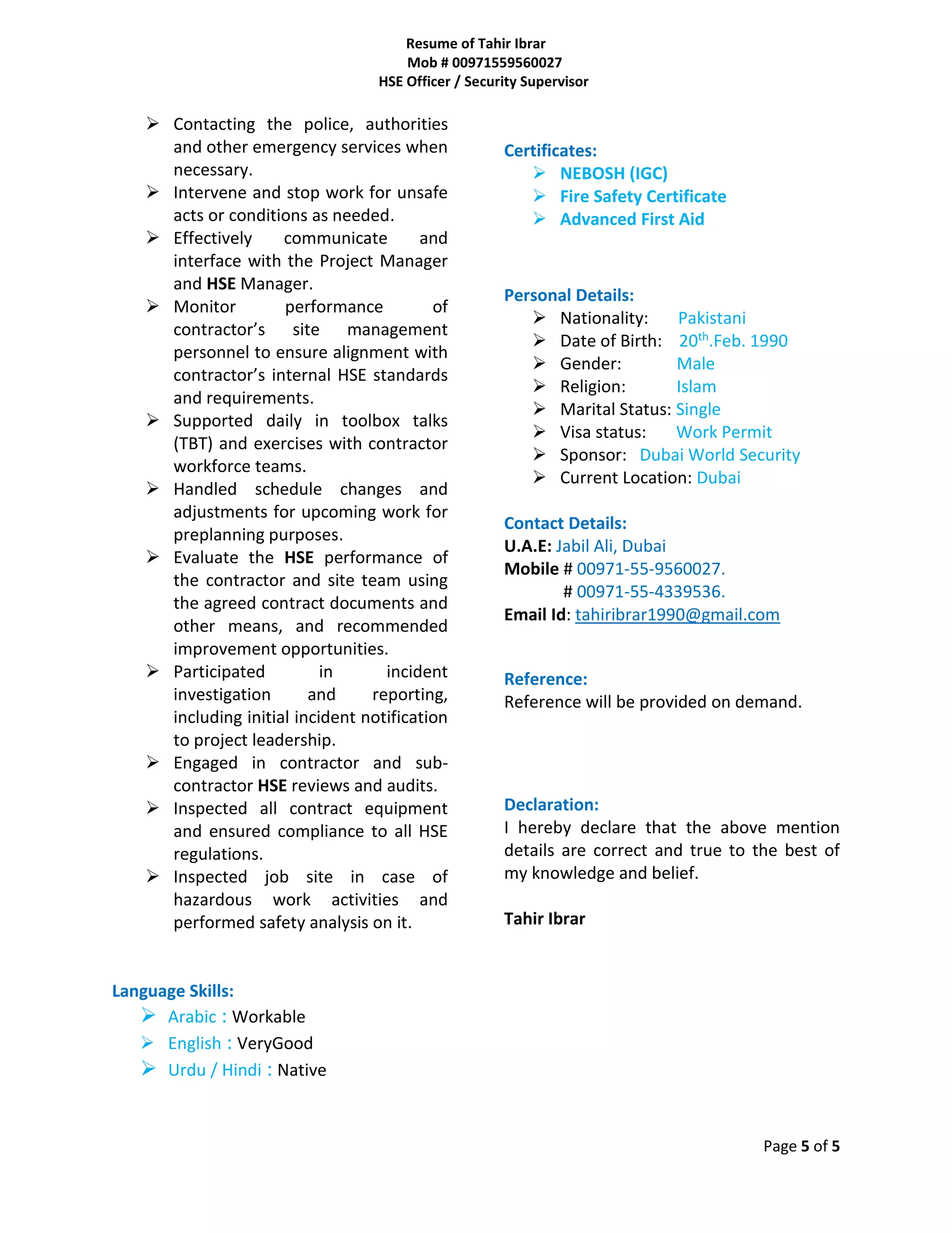 Resume of Tahir (HSE ) | PDF