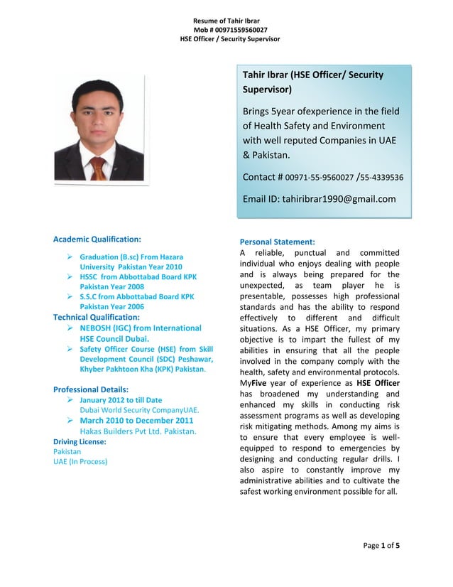 Resume of Tahir (HSE ) | PDF