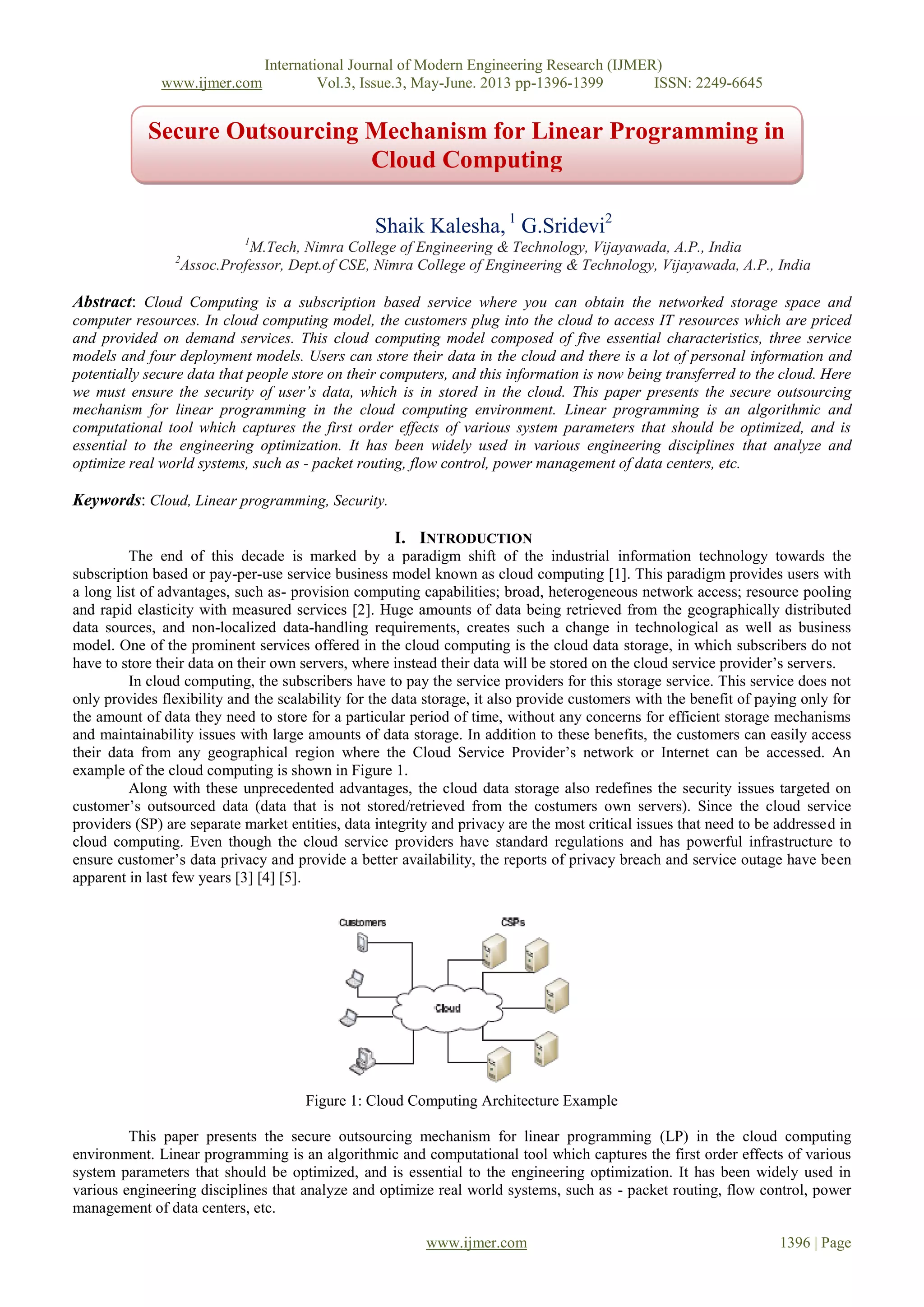 Secure Outsourcing Mechanism for Linear Programming in Cloud Computing | PDF
