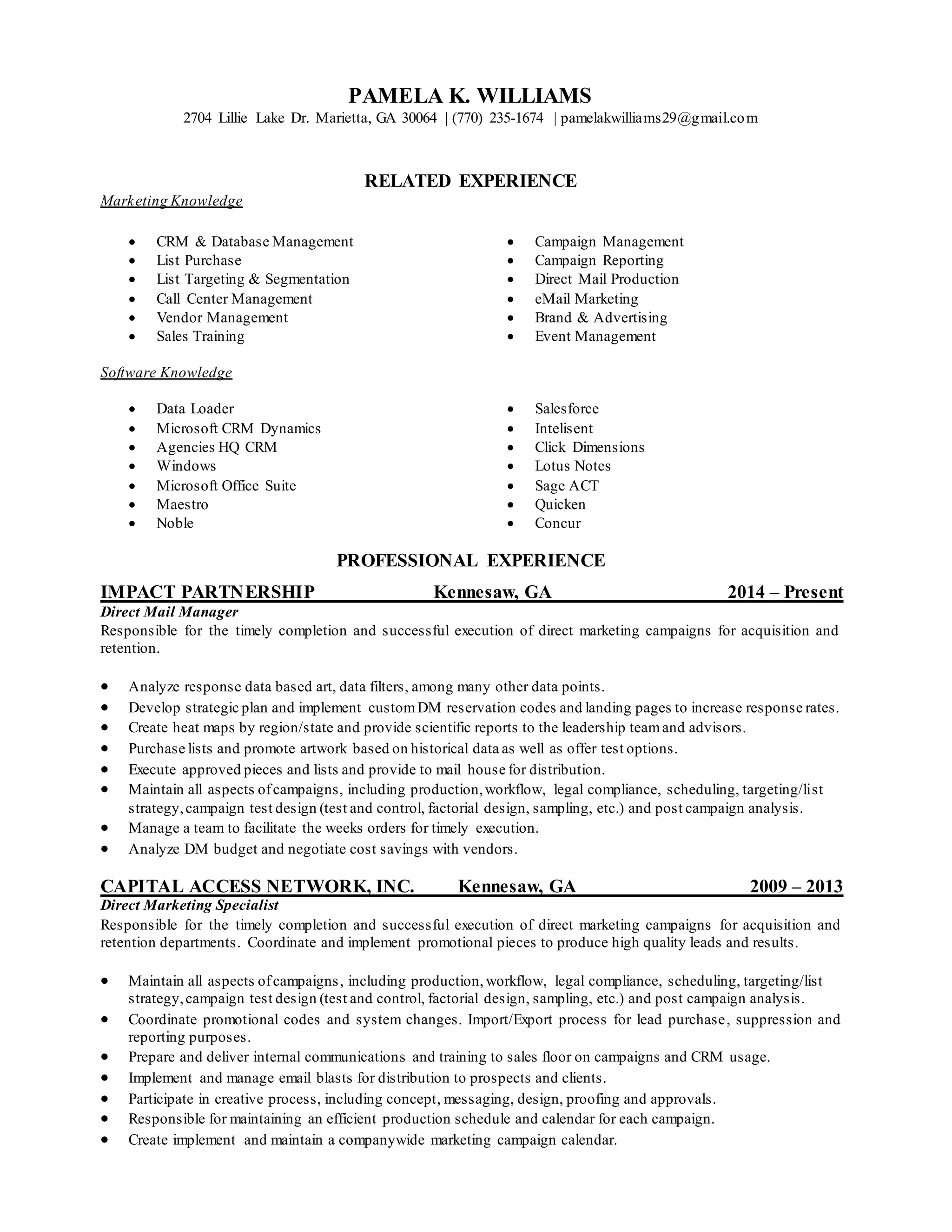 PAMELA K WILLIAMS - Resume 5.22.15