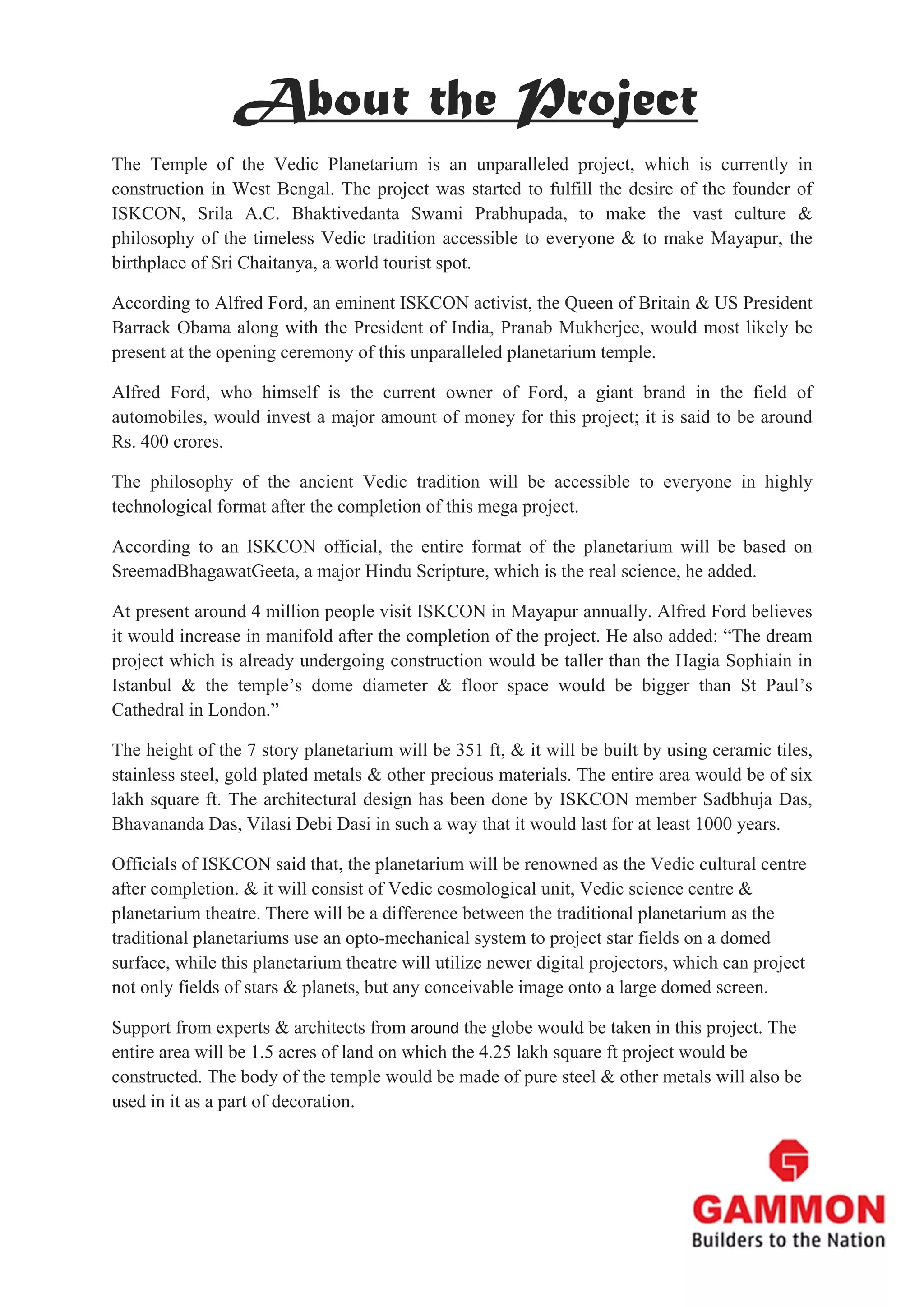 Project Report for ISKCON Temple Project | PDF