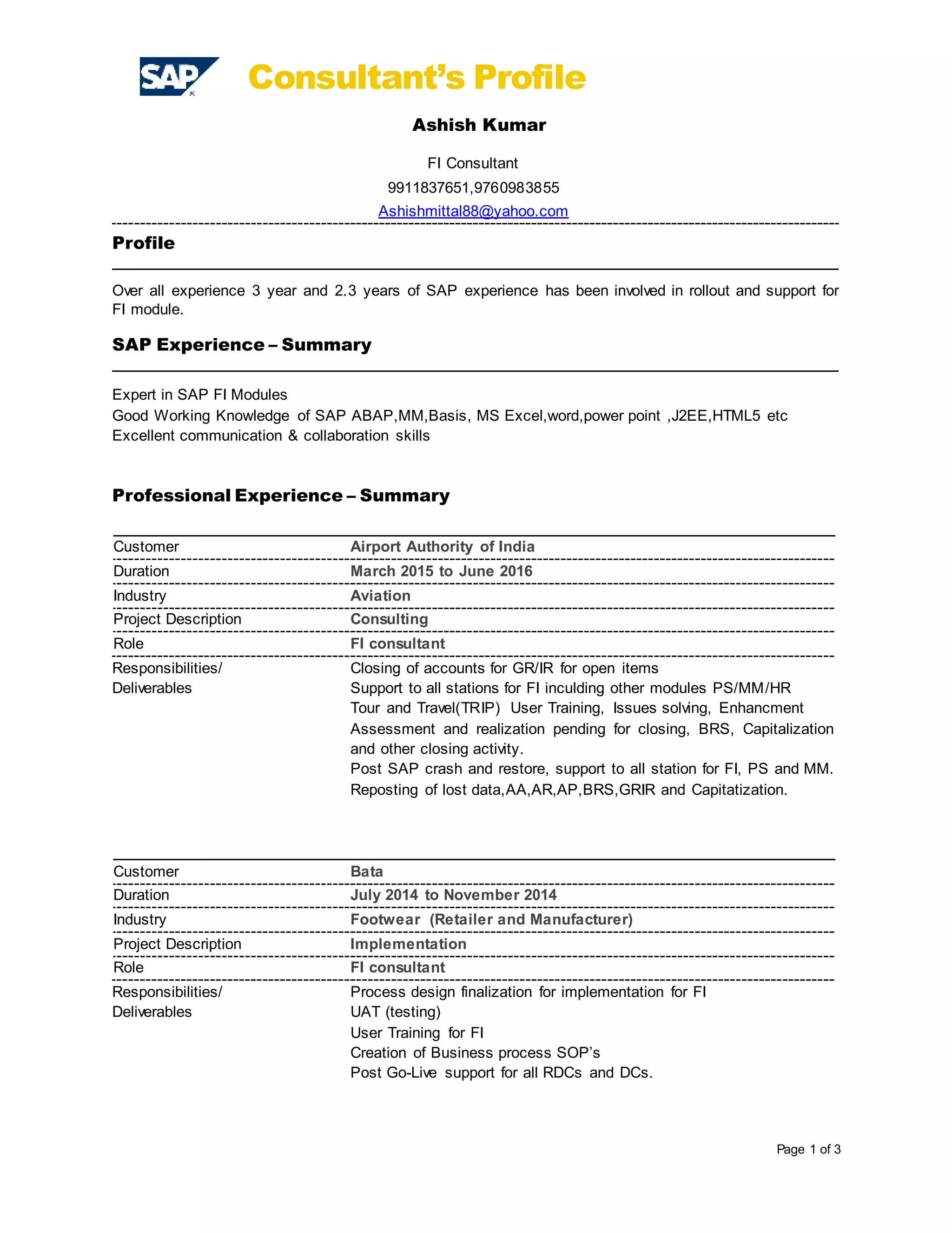 Ashish Kumar SAP FI Consultant | PDF