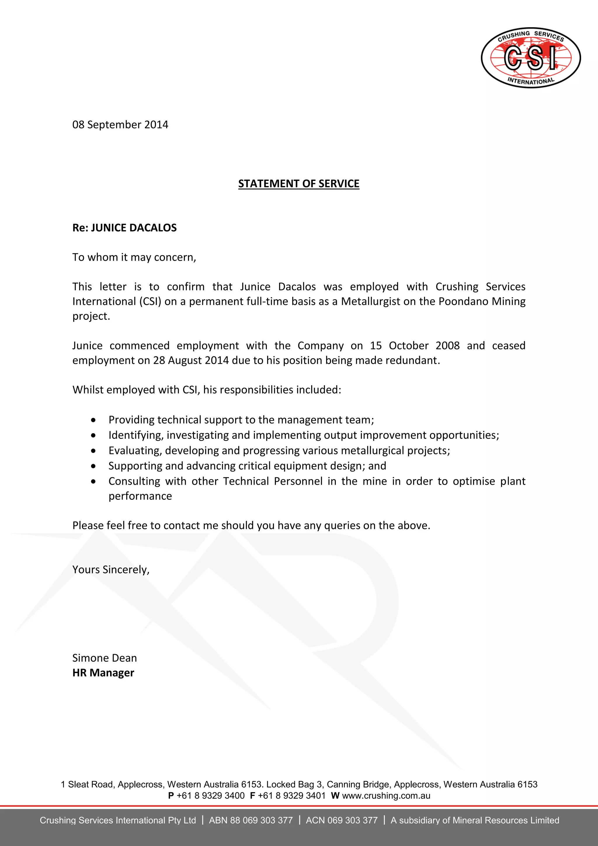 Dacalos, Junice - Statement of Service Sept2014 | PDF | Business and ...