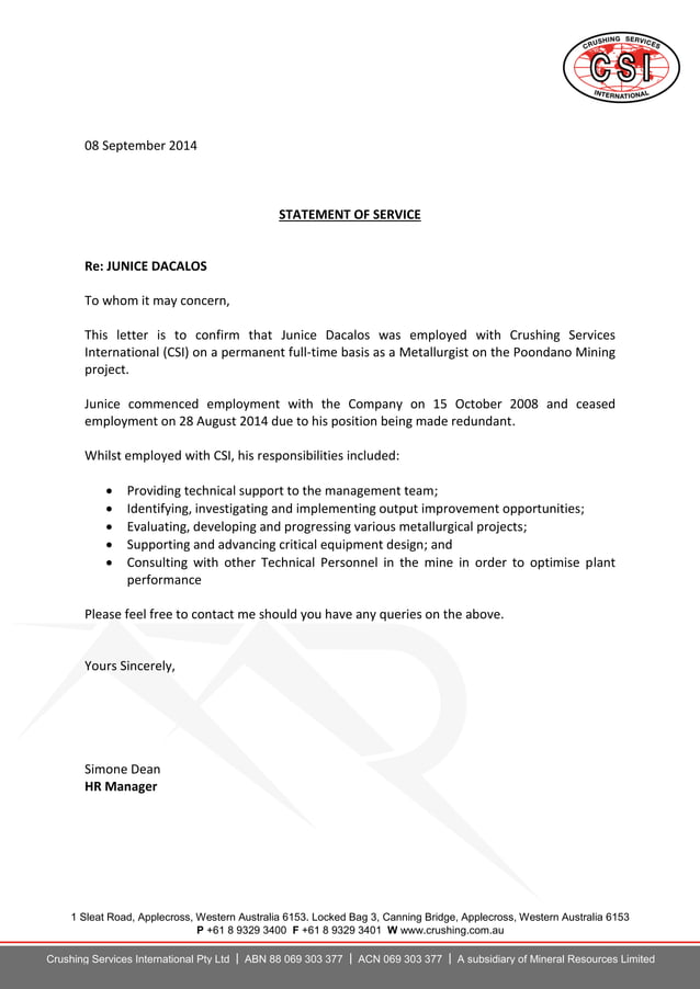 Dacalos, Junice - Statement of Service Sept2014 | PDF | Business and ...