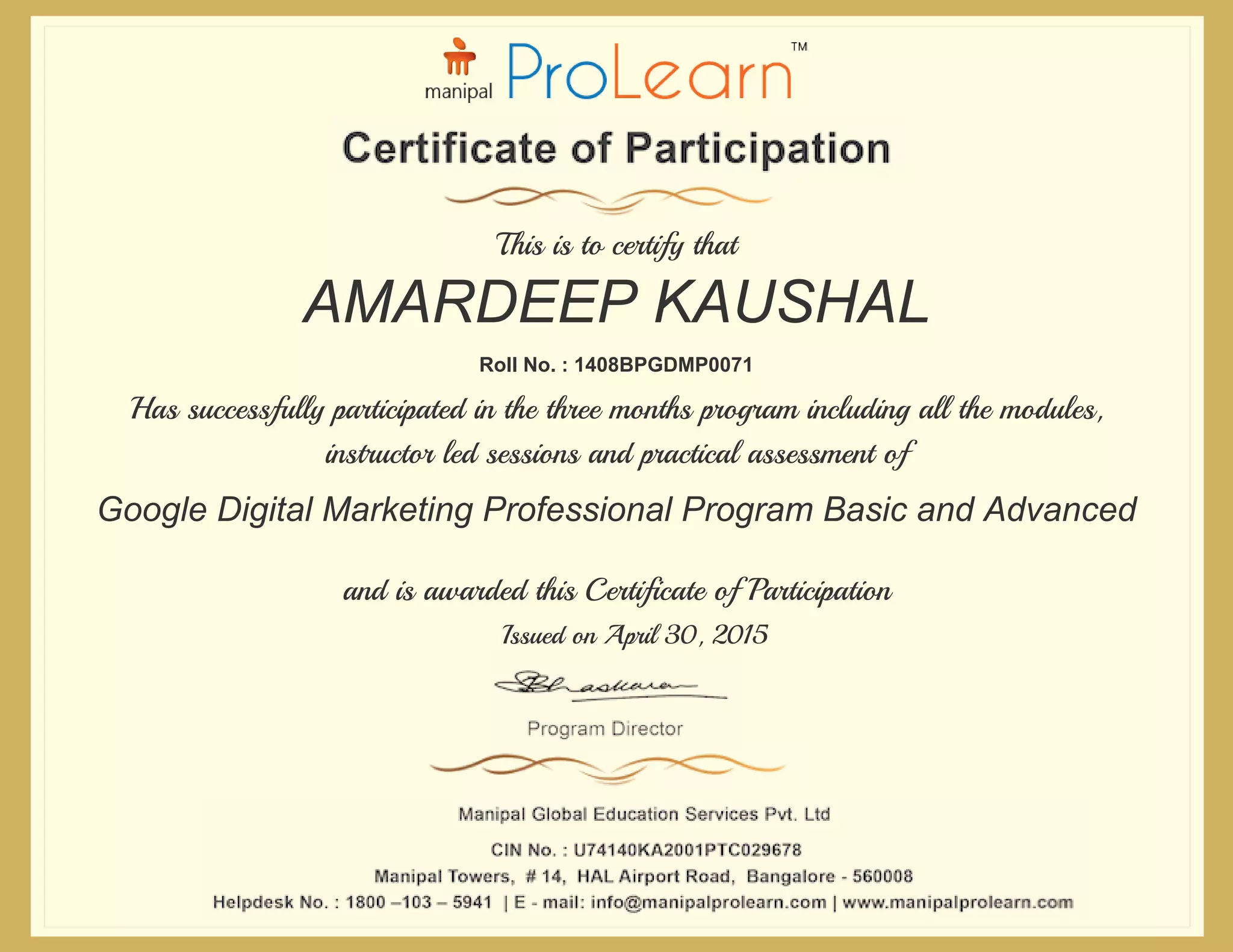 MANIPAL GOOGLE DIGITAL MARKETING CERTIFICATE | PPT