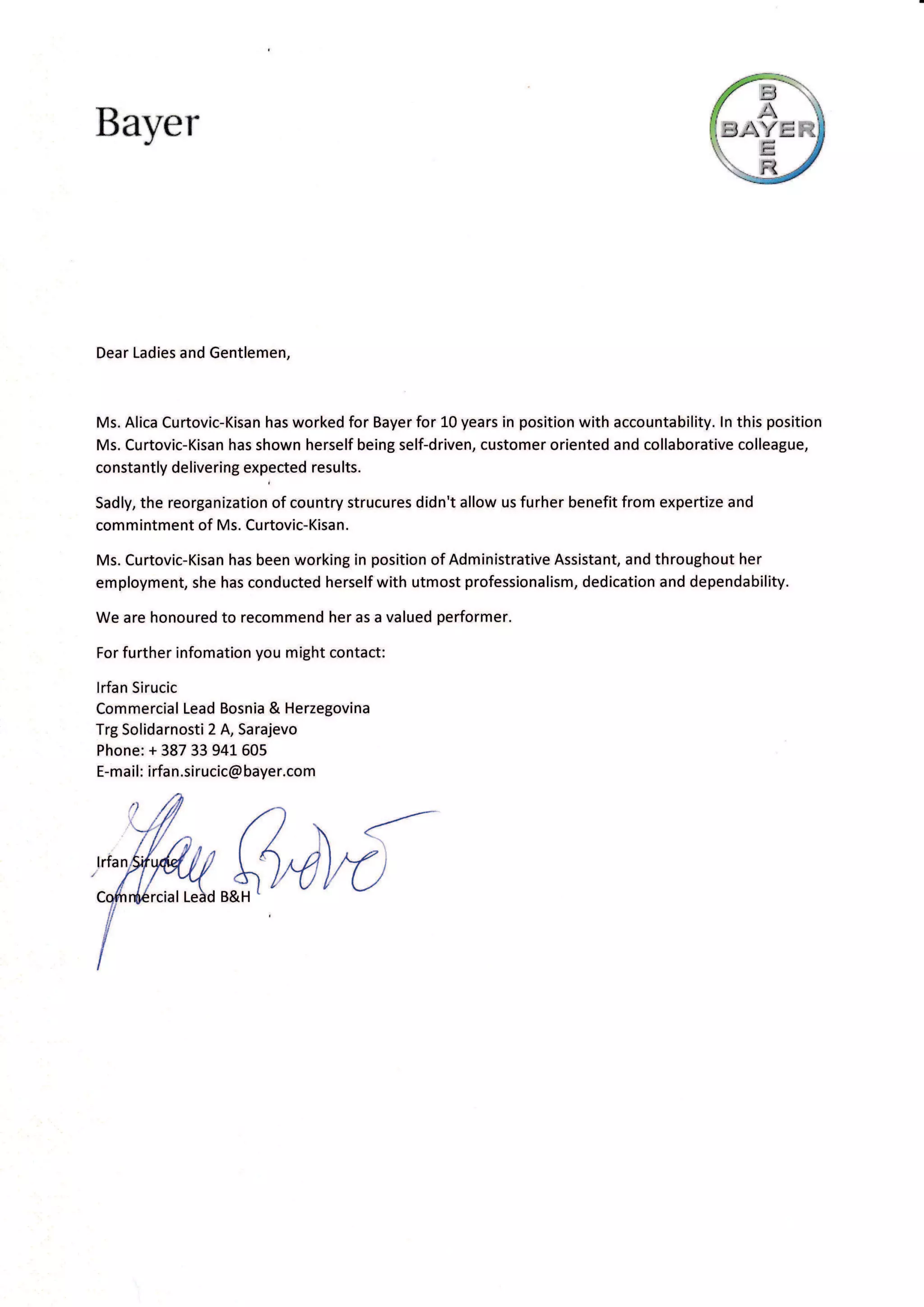 Bayer - letter of recommendation | PDF