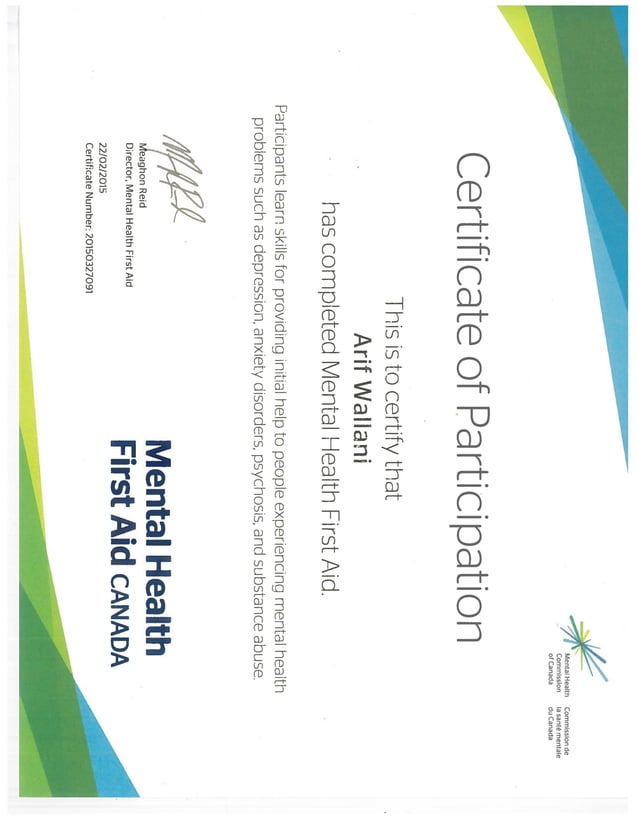 Mental health First Aid Certificate - Arif Wallani | PDF