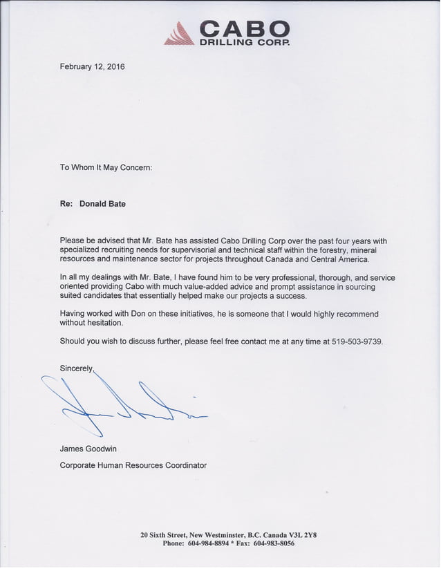 Cabo Drilling - Donald Bate Reference Letter | PDF