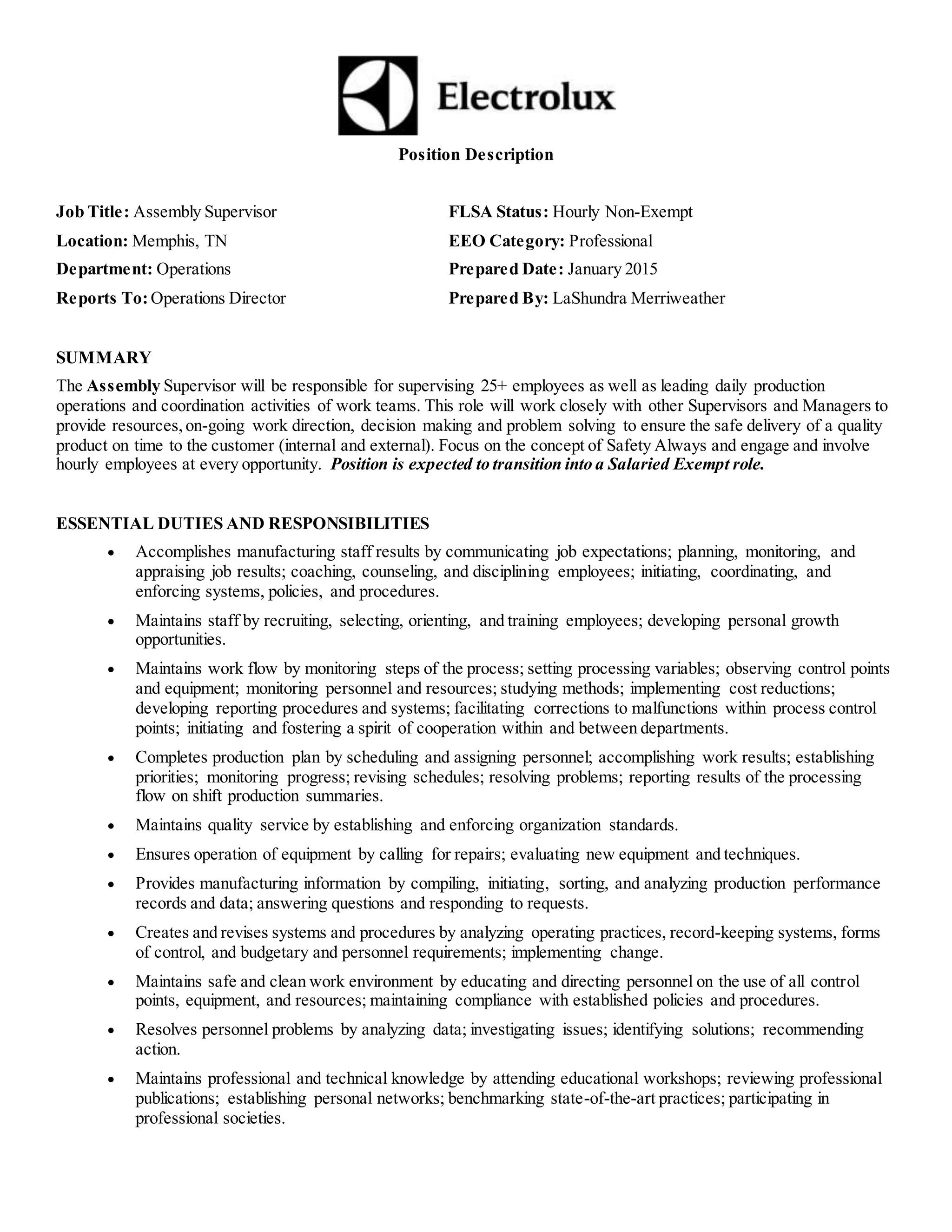 Assembly Supervisor | PDF