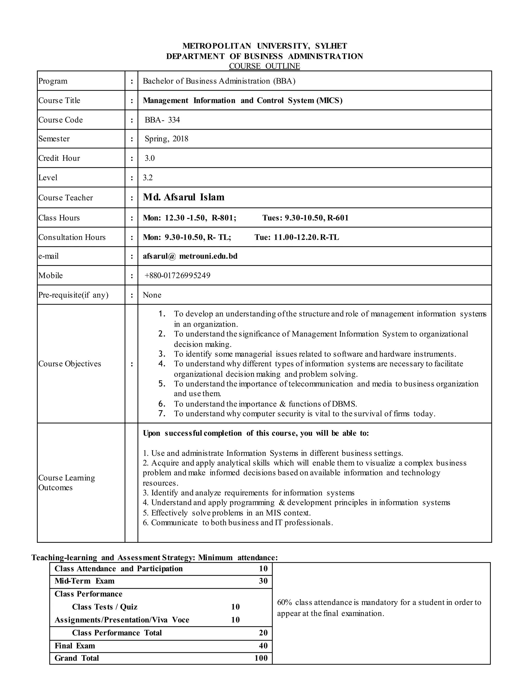 Bba 334, mics, course outline +curriculum mapping | DOCX
