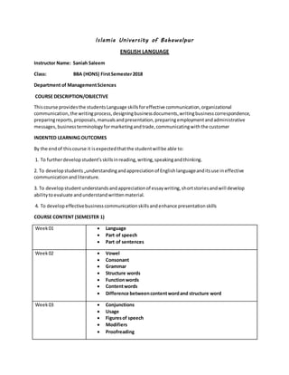 Bba 1st semester course outline english language | PDF