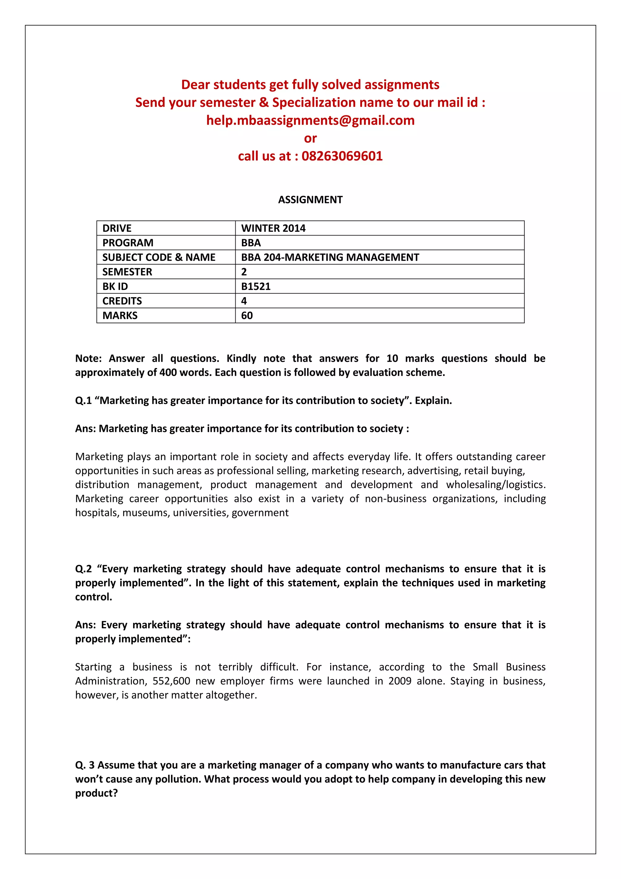 Bba 204 marketing management | DOCX