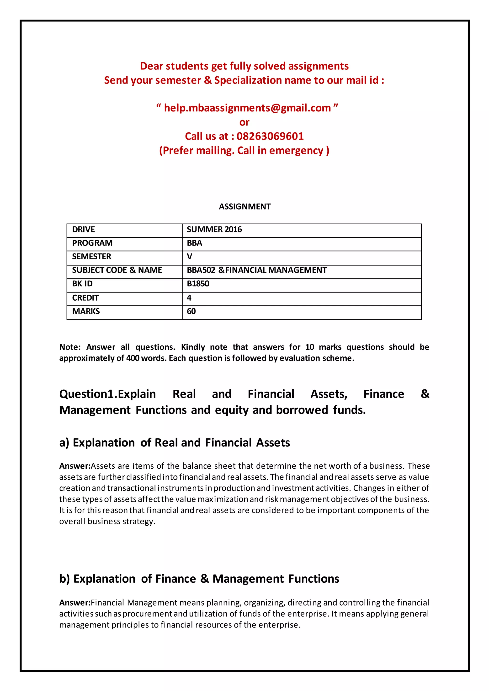 Bba 502 & financial management | DOCX