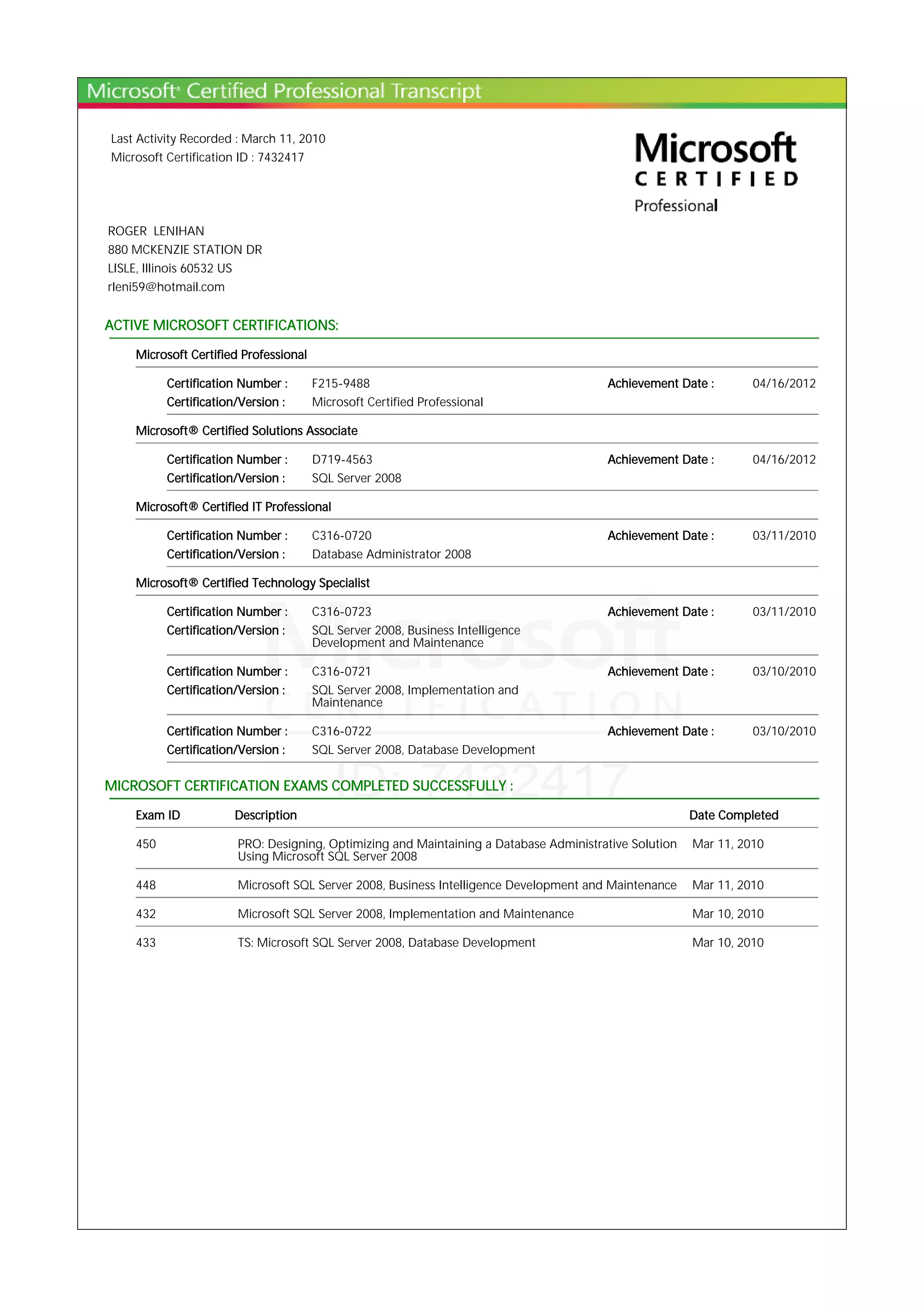 MS_Learning_Transcript.PDF | Databases | Computer Software and Applications