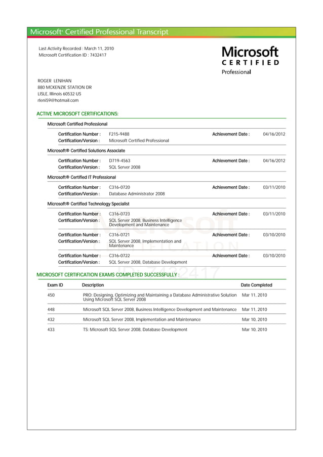 MS_Learning_Transcript.PDF | Databases | Computer Software and Applications