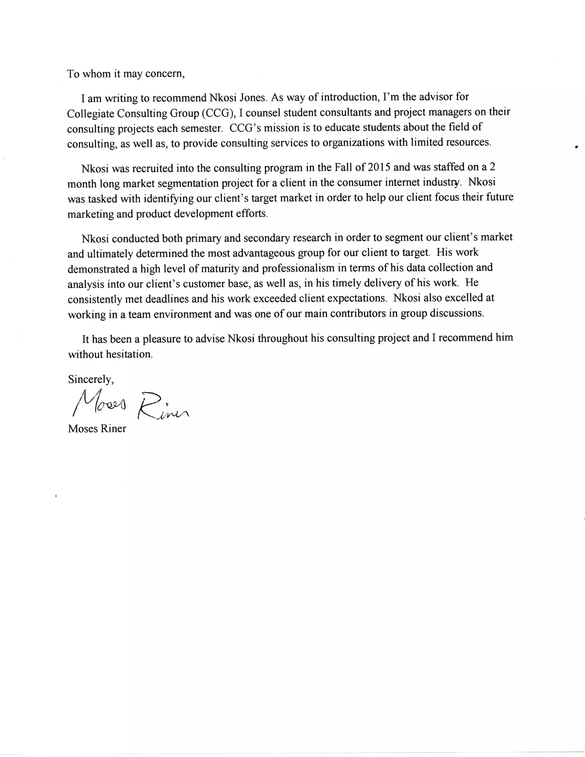 Moses Signed Recommendation Letter | PDF