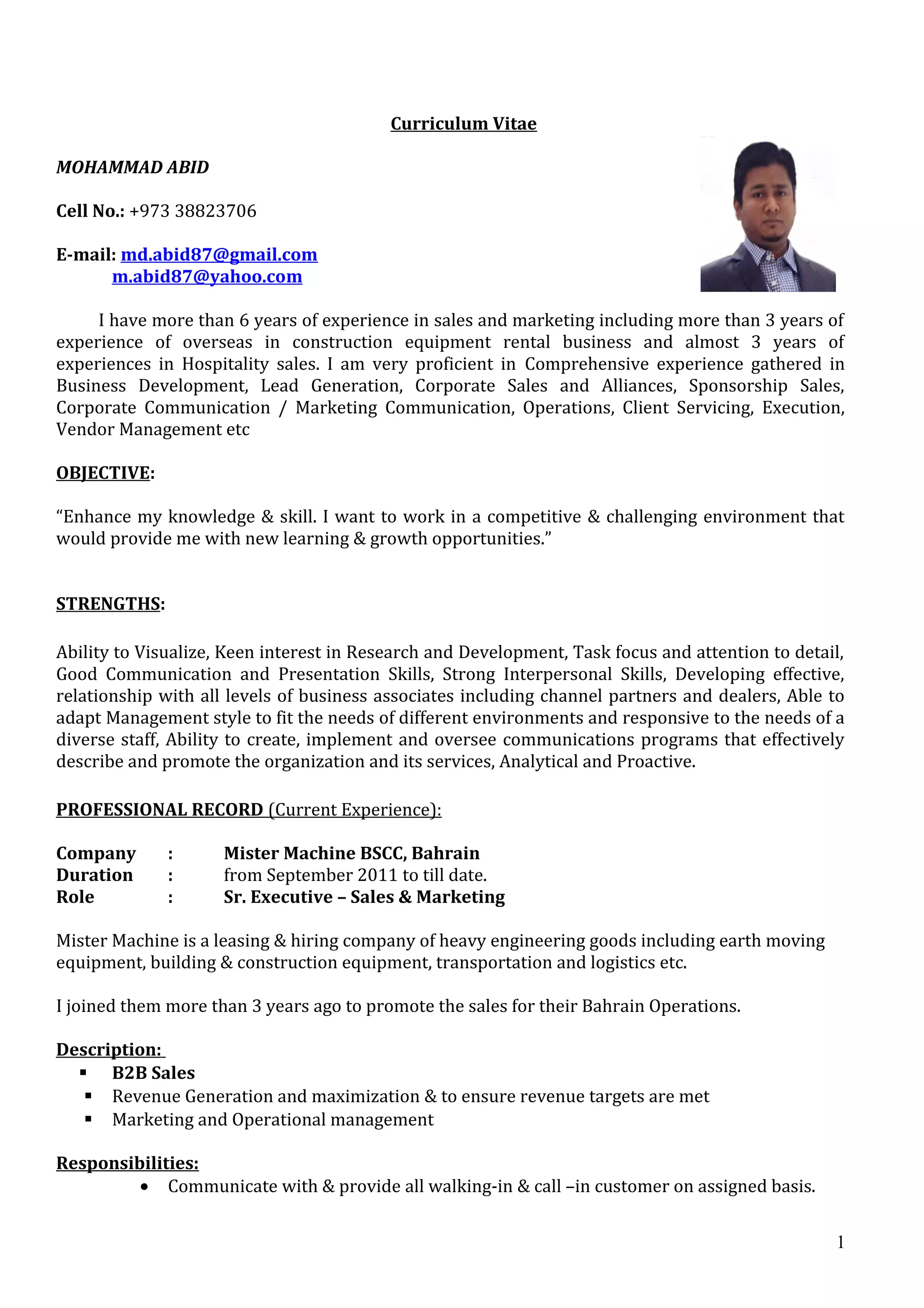 CV - Sr. Executive- Sales & Marketing | PDF CV - Sr. Executive- Sales & Marketing | PDF