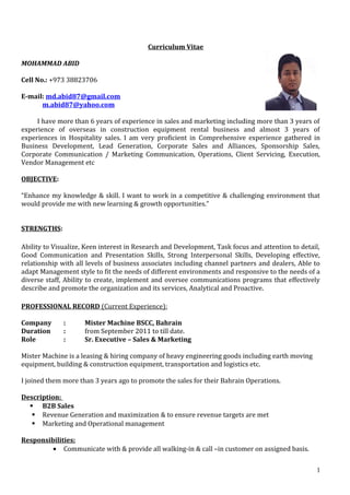 CV - Sr. Executive- Sales & Marketing | PDF