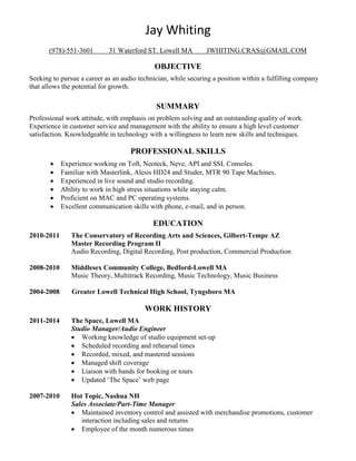 Jay Whiting Resmue | PDF | Audio Production | Content Production