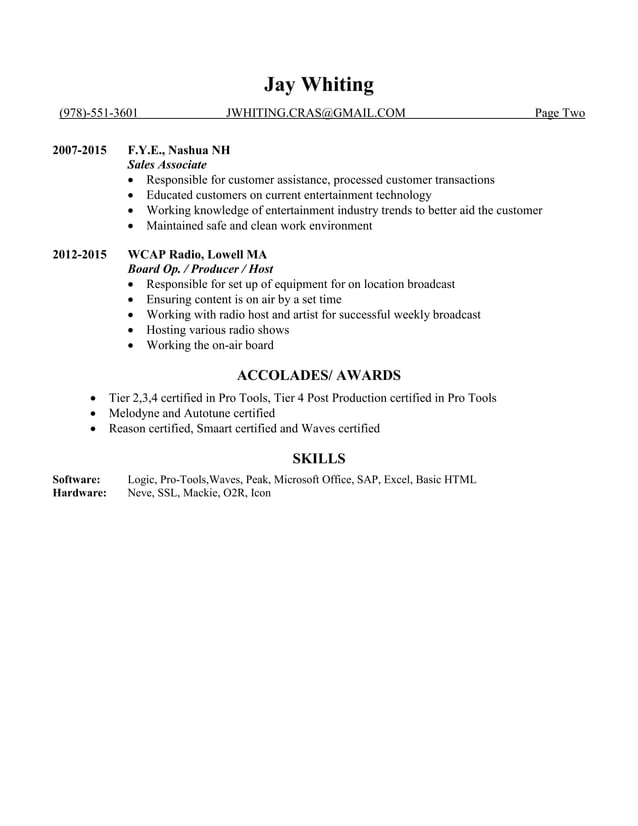 Jay Whiting Resmue | PDF | Audio Production | Content Production