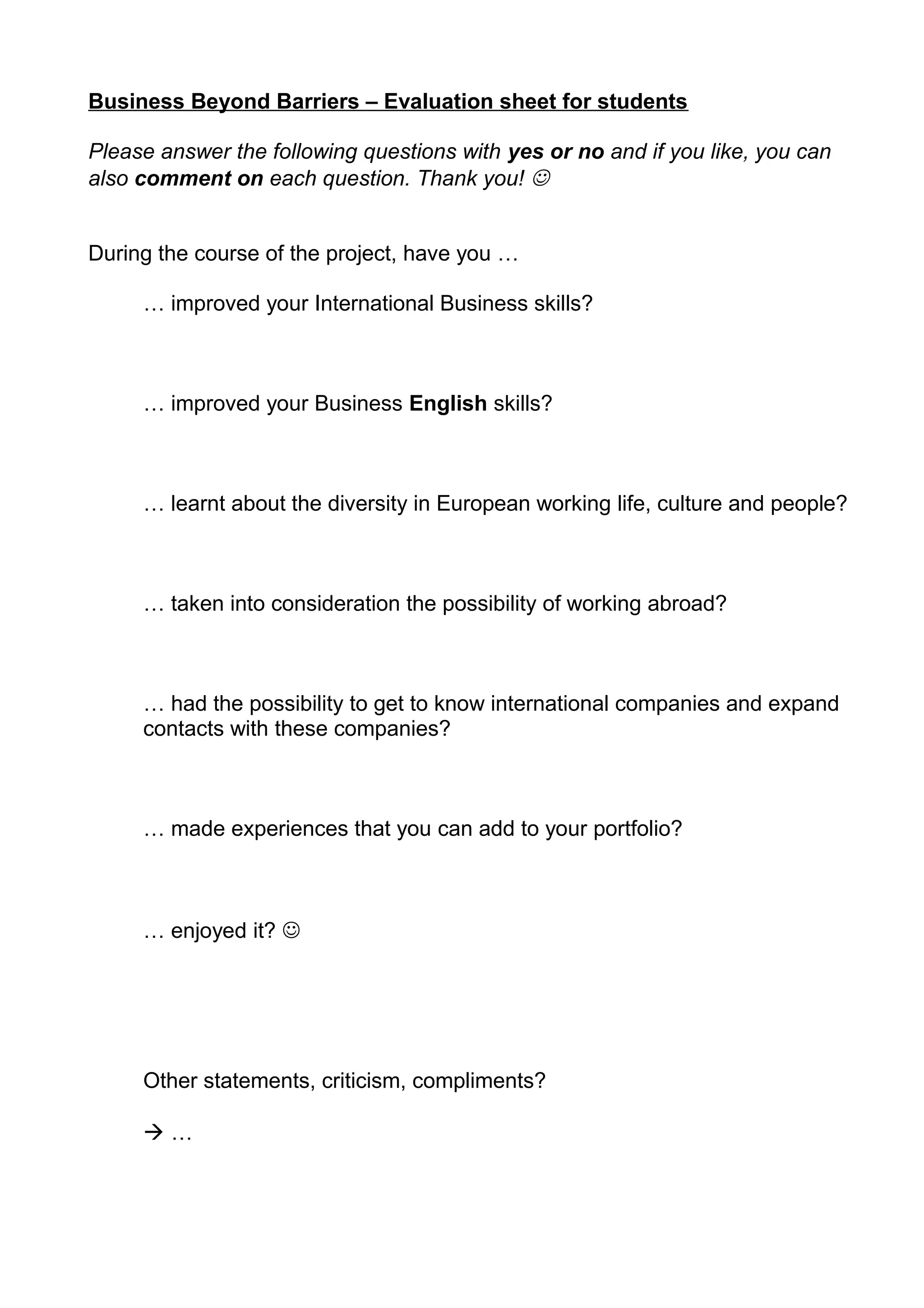 Bbb evaluation sheet students | DOC