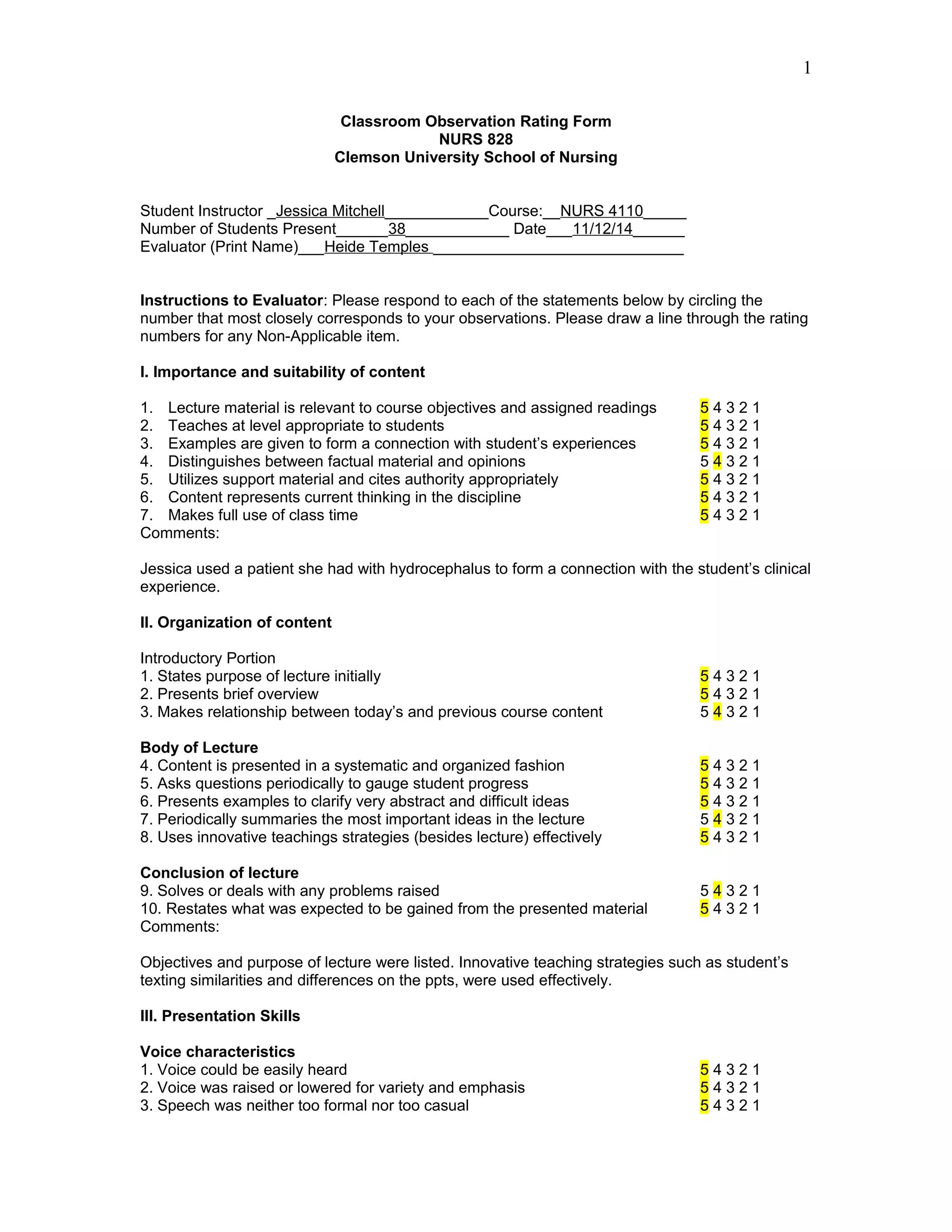 Classroom Observation Rating Form for Jessica Mitchell by Heide Temples ...