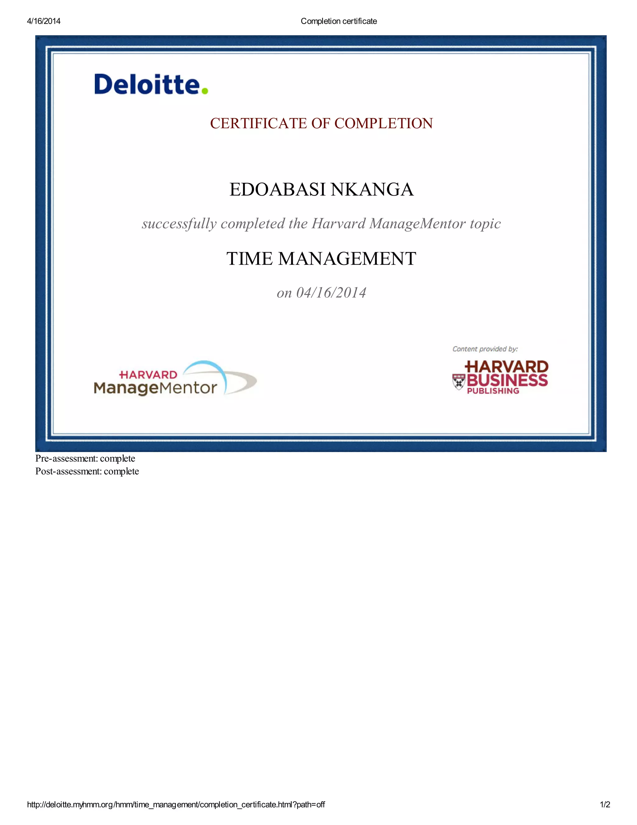 Completion certificate on Time Management | PDF