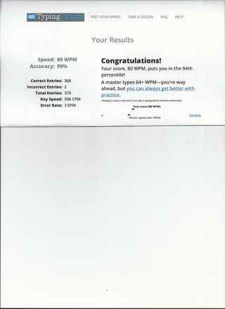Typing Test via Mindspring's Typing Fanatic - scored 80 wpm - | PDF