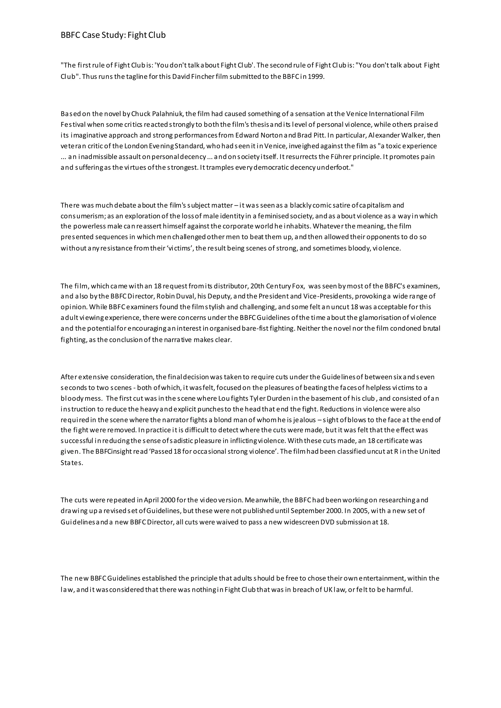 Bbfc case study fight club | DOCX