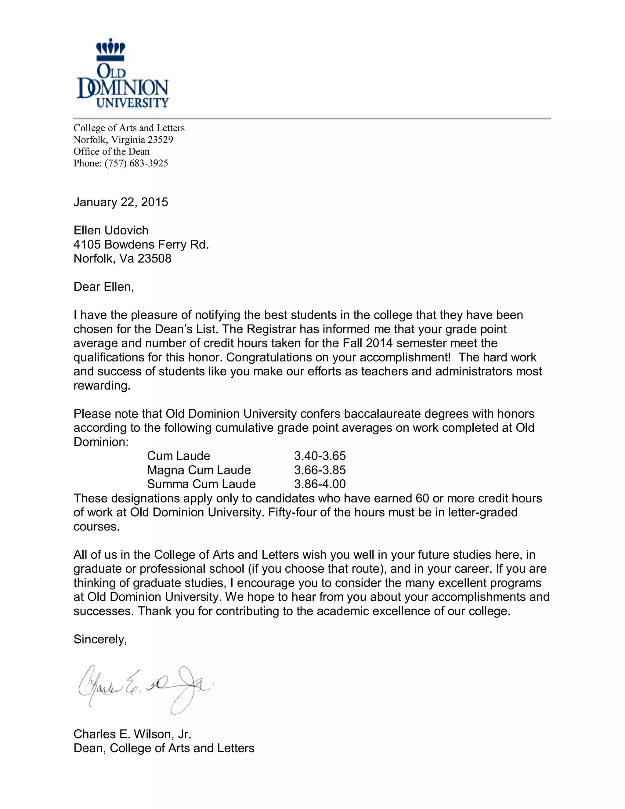 Dean's List Letters_Fall 2014_EUdovich | PDF