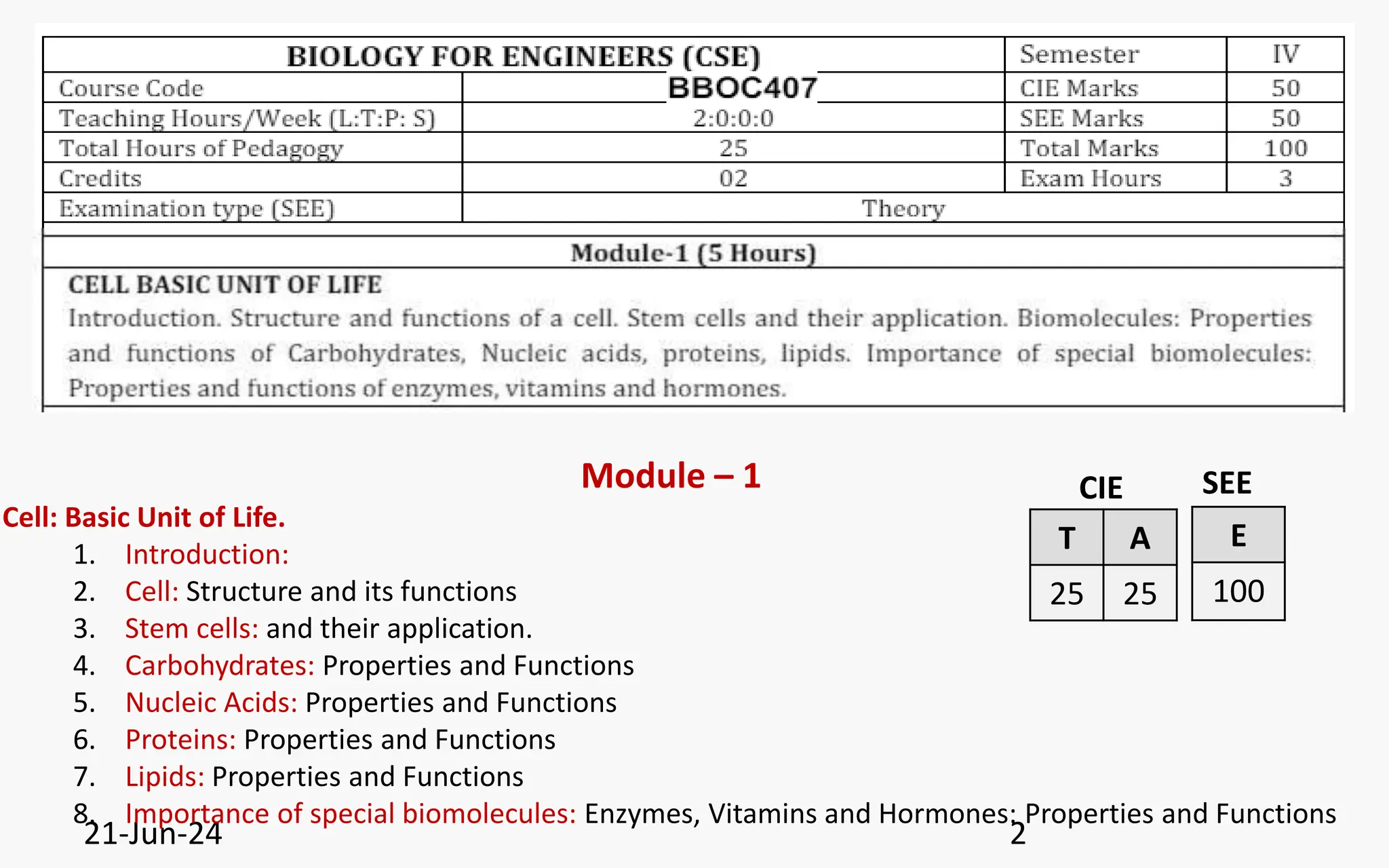 BBOC407 Module 1.pptx Biology for Engineers | PPTX