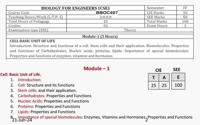 BBOC407 Module 1.pptx Biology for Engineers | PPTX