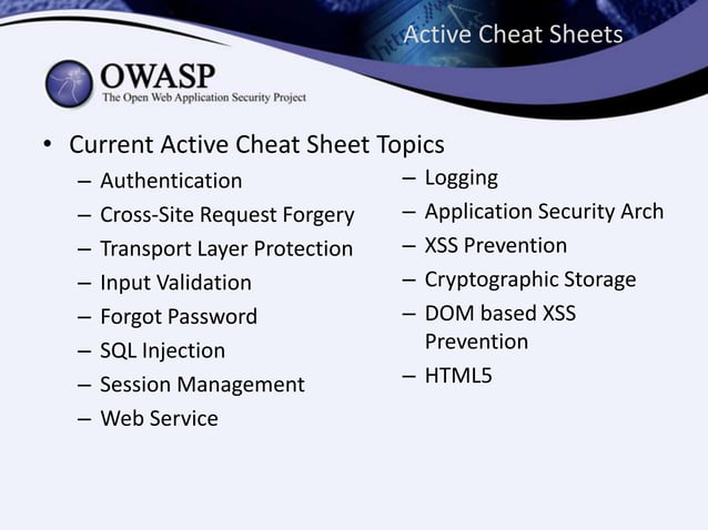 Owasp Indy Q2 2012 Cheat Sheet Overview | PPT