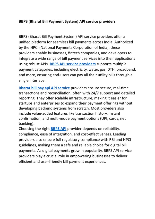 BBPS (Bharat Bill Payment System) API service providers | PDF