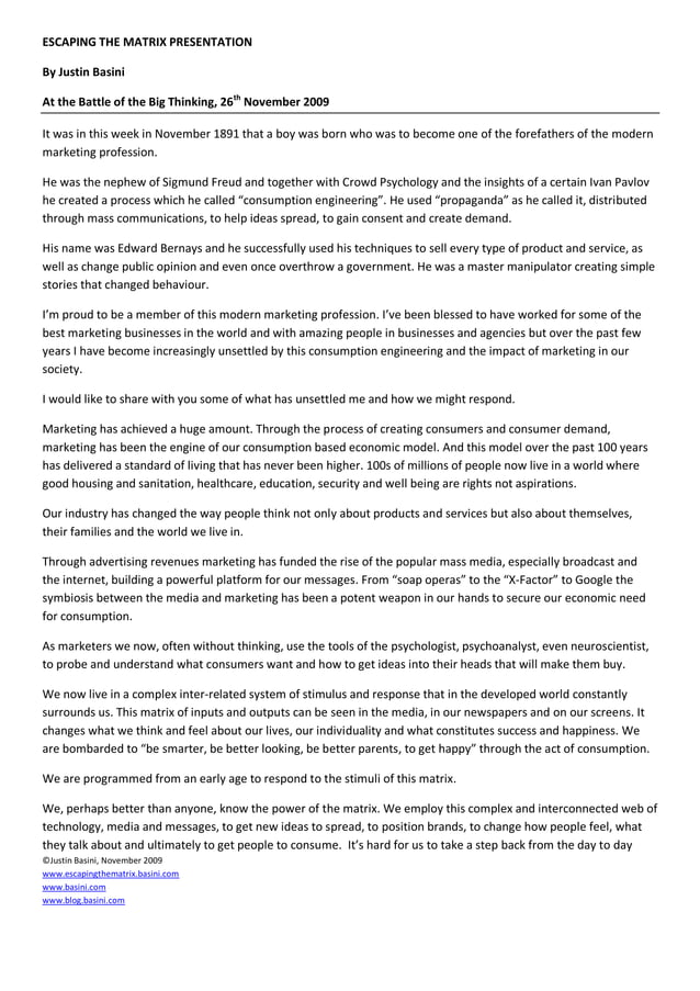 Transcript of Escaping the Matrix presentation - Justin Basini Battle ...
