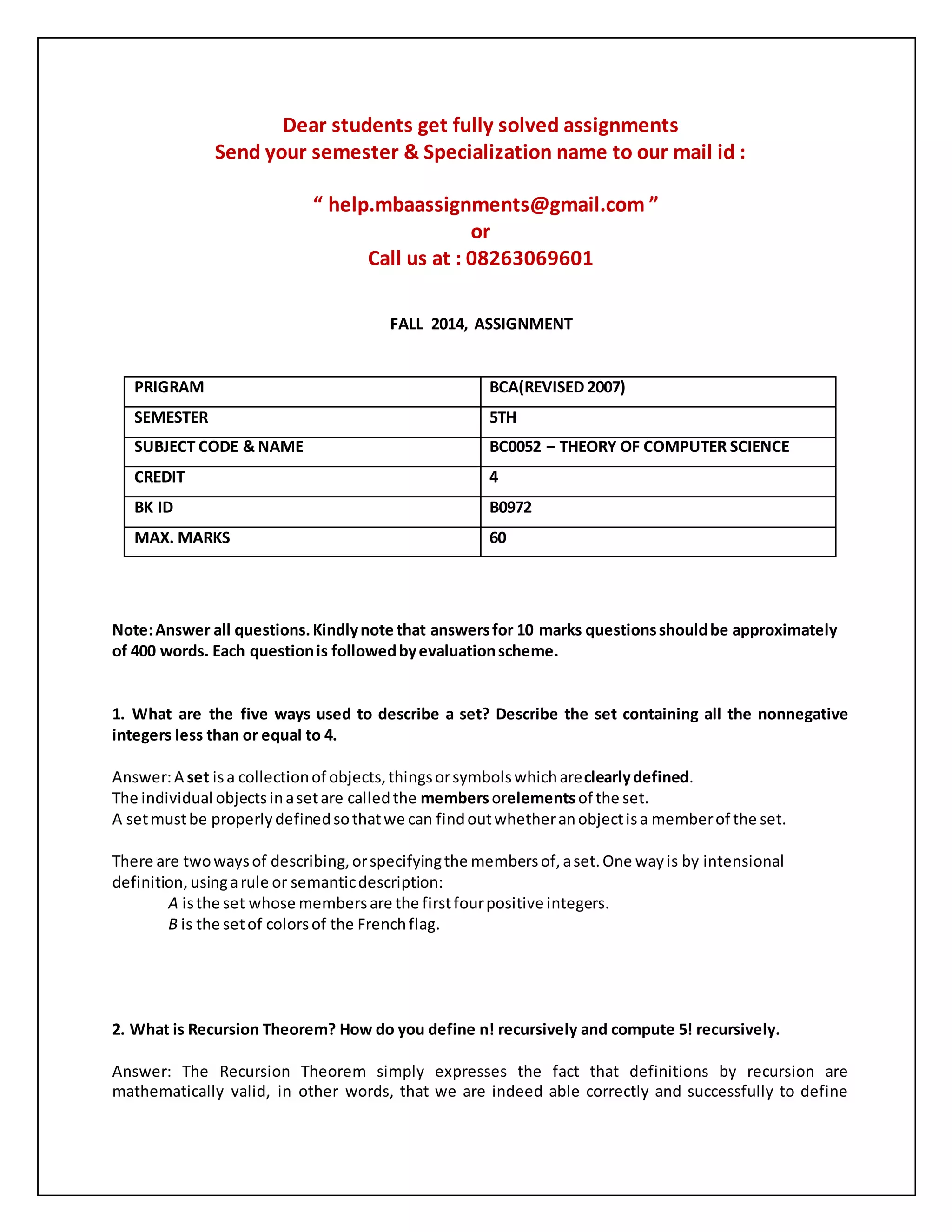 Bc0052 theory of computer science | PDF