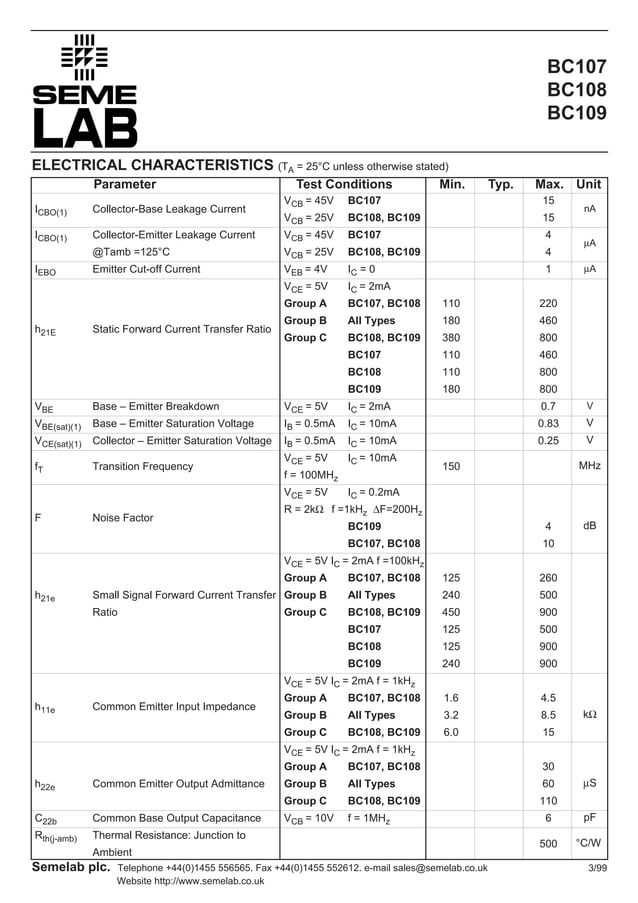 BC107 BC108 BC109 Transistor Data sheet | PDF