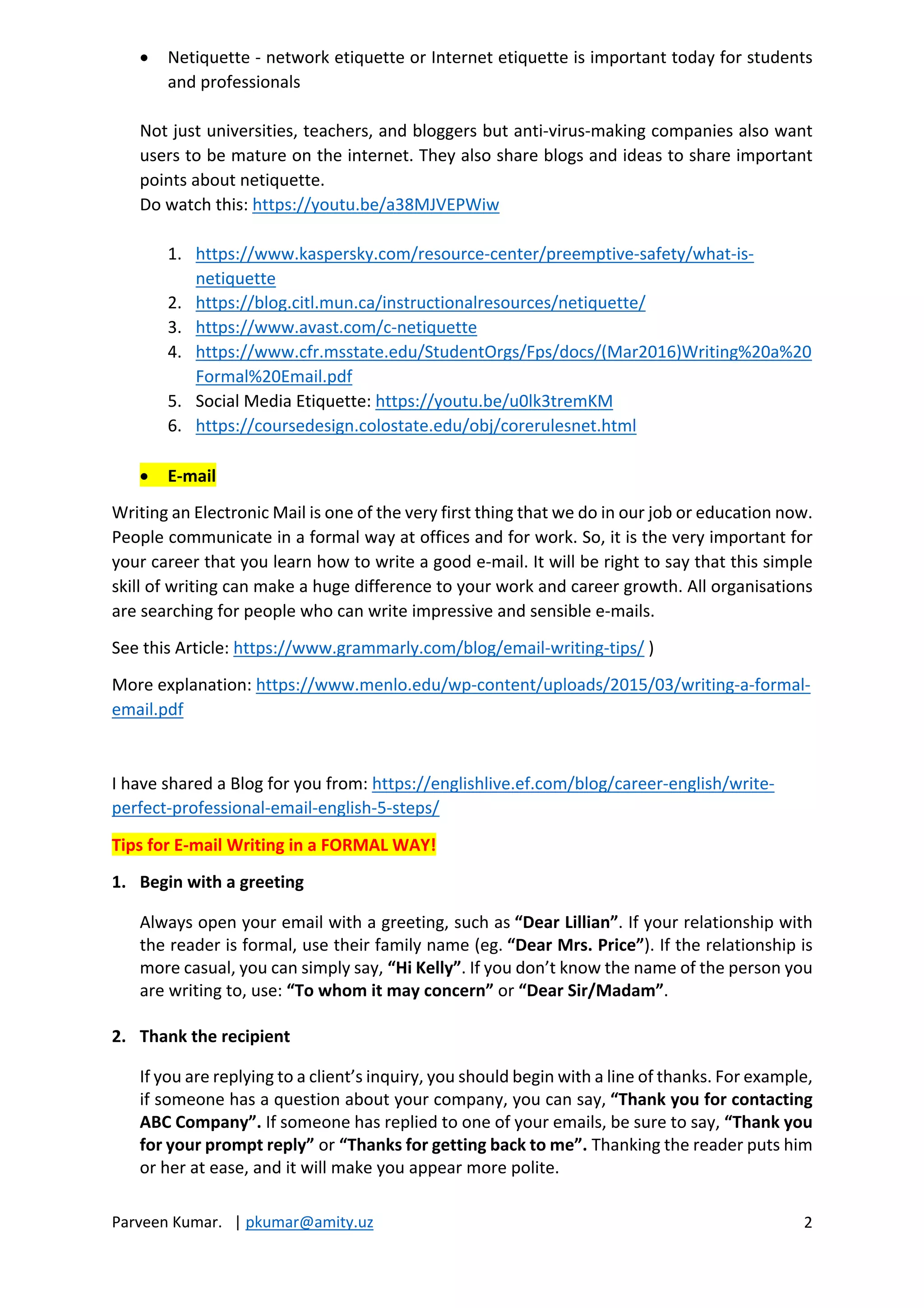 Digital Literacy, E Mail Etiquette, LinkedIn, Blogs | PDF | Social ...