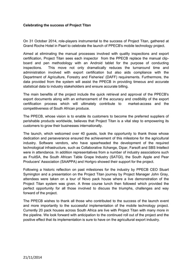 Project Titan Launch PPECB | PDF