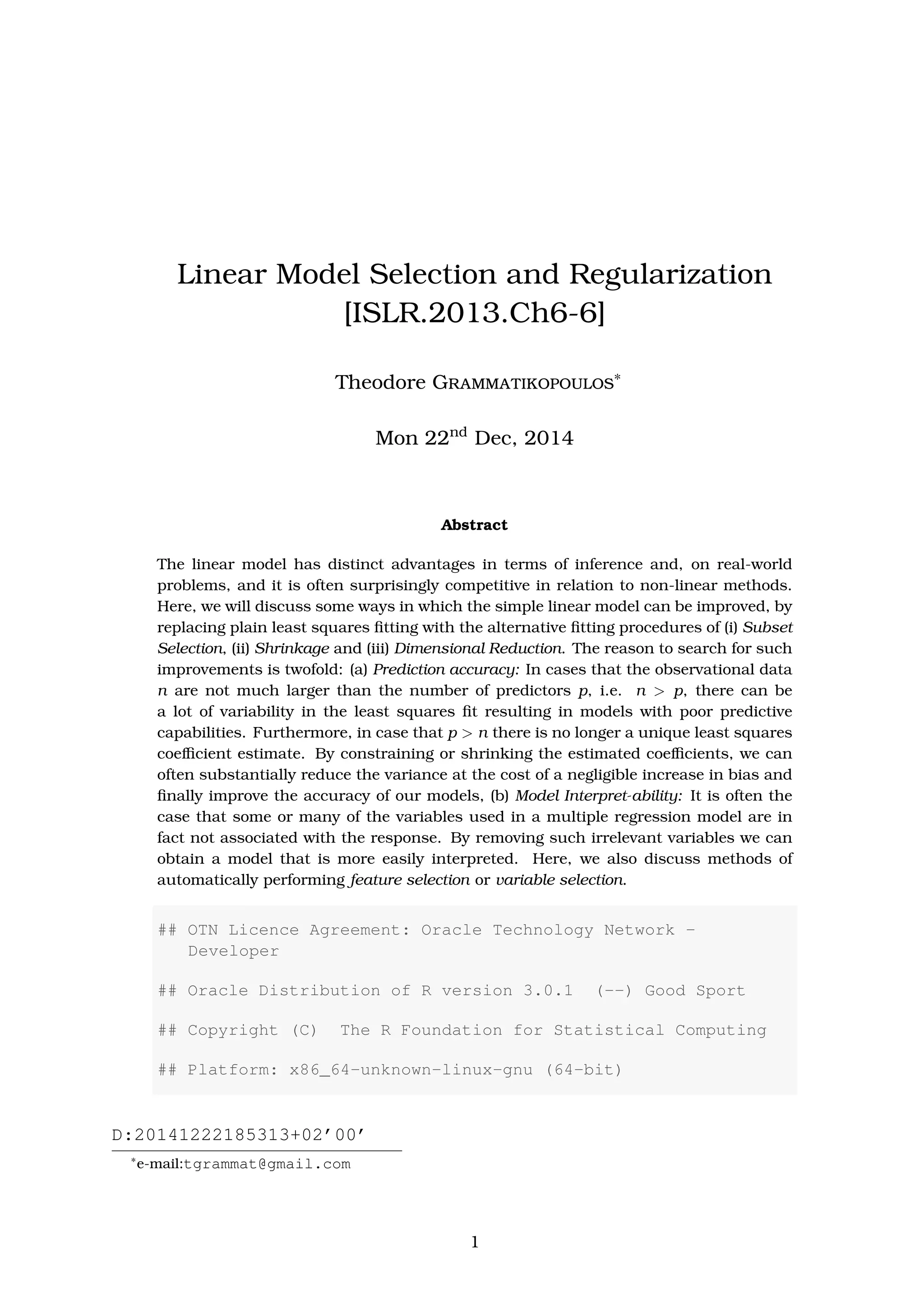 Linear Model Selection and Regularization (Article 6 - Practical exercises) | PDF