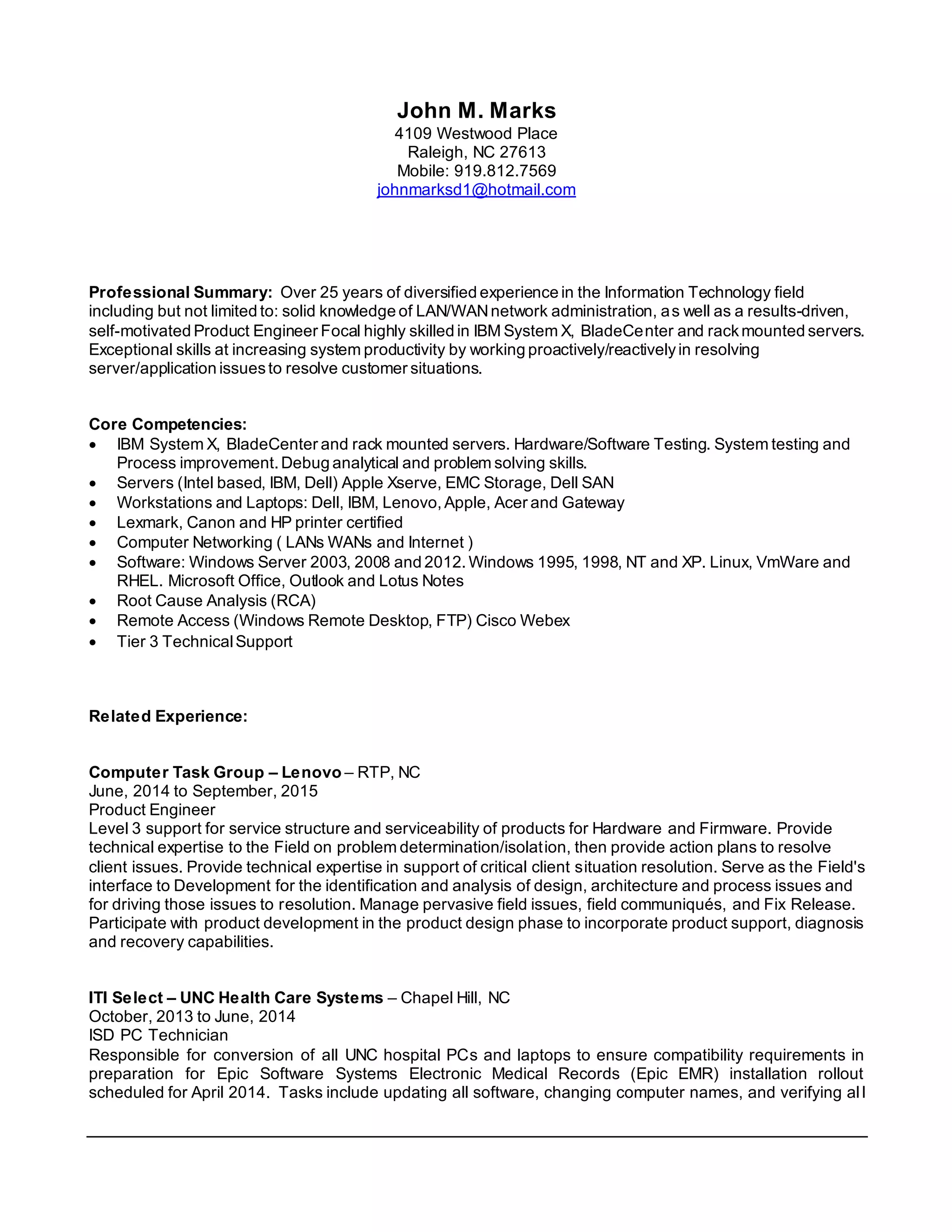John Marks - Resume October 2015 | DOCX