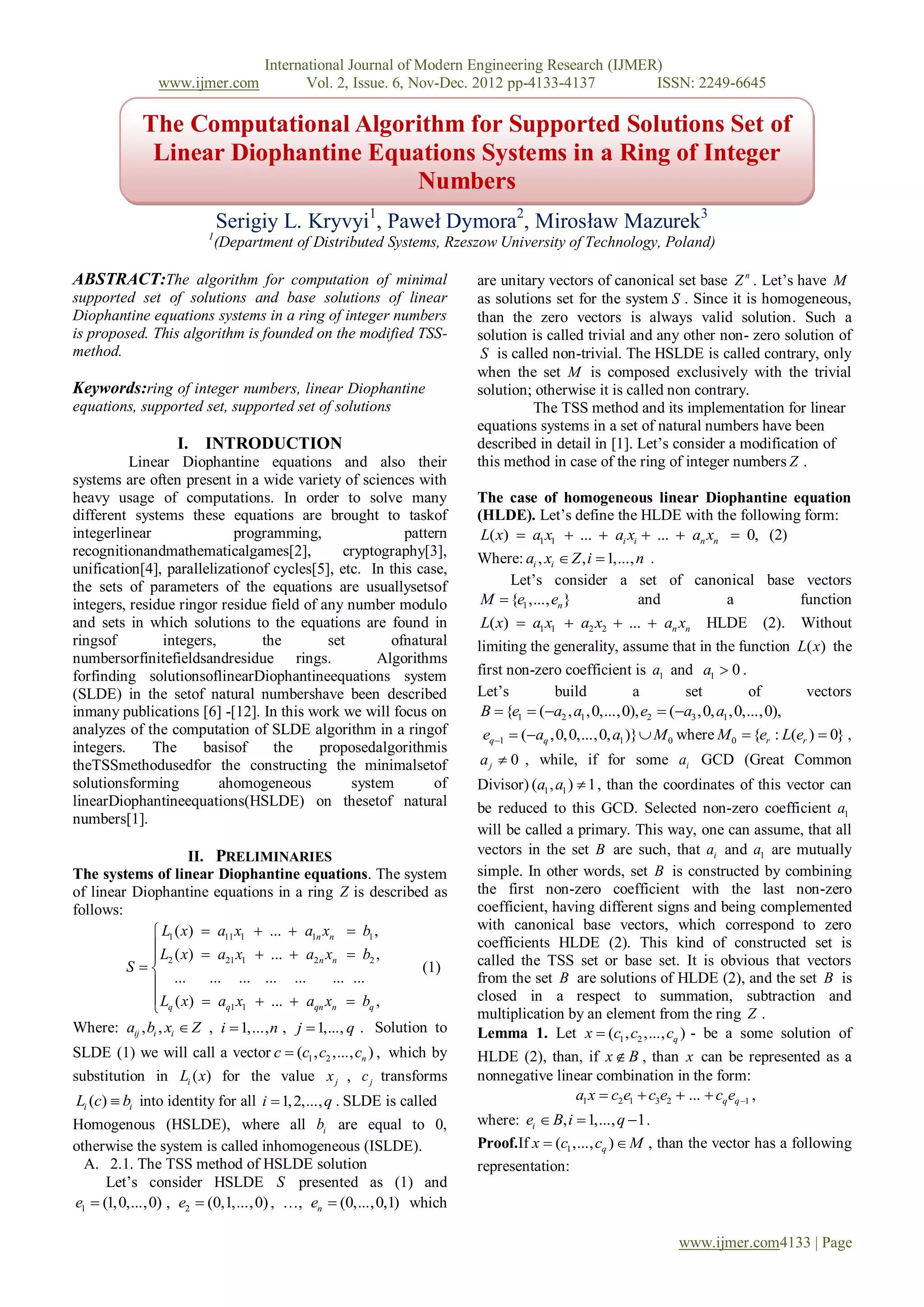 The Computational Algorithm for Supported Solutions Set of Linear Diophantine Equations Systems ...