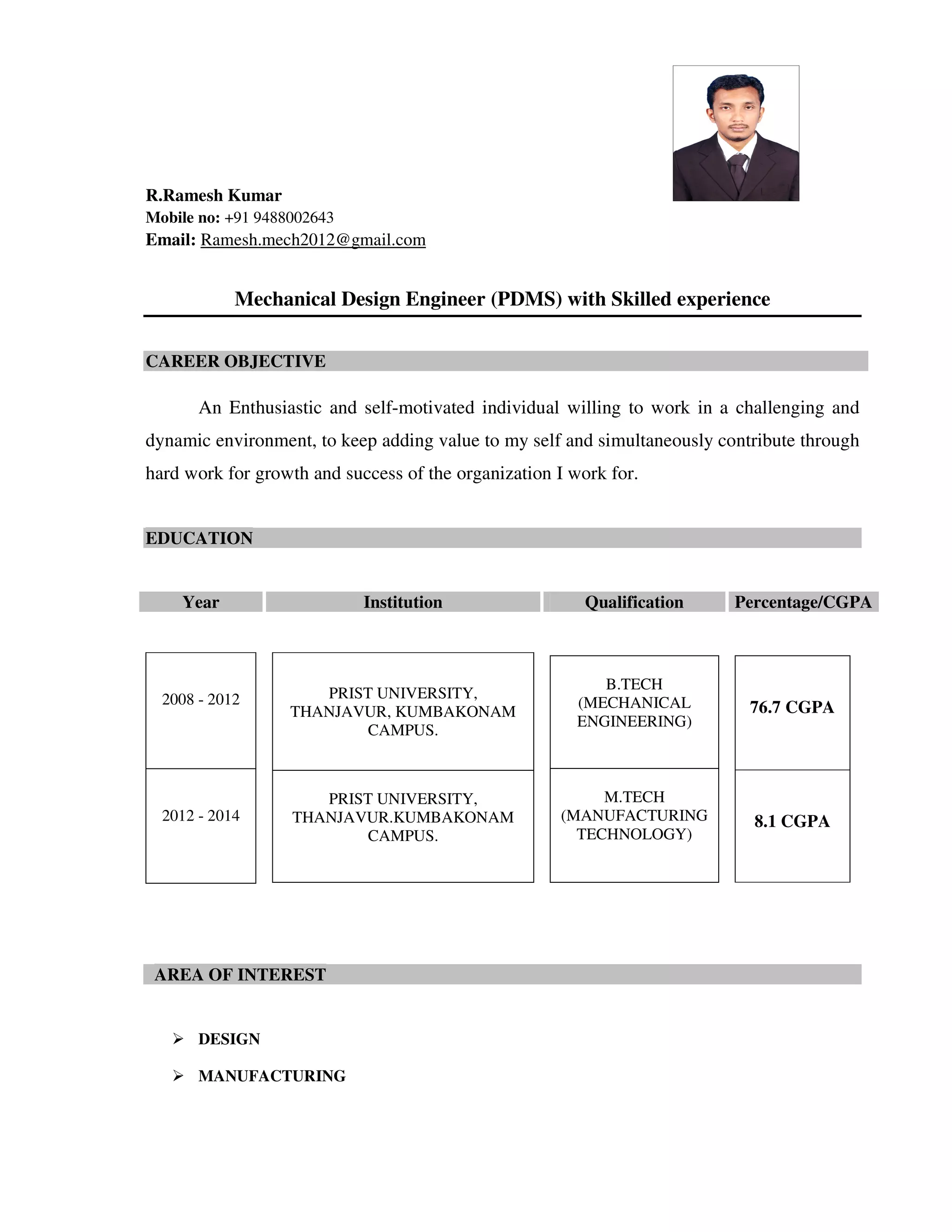 RAMESHKUMAR M.Tech -(Mechanical Engineer) pdf | PDF