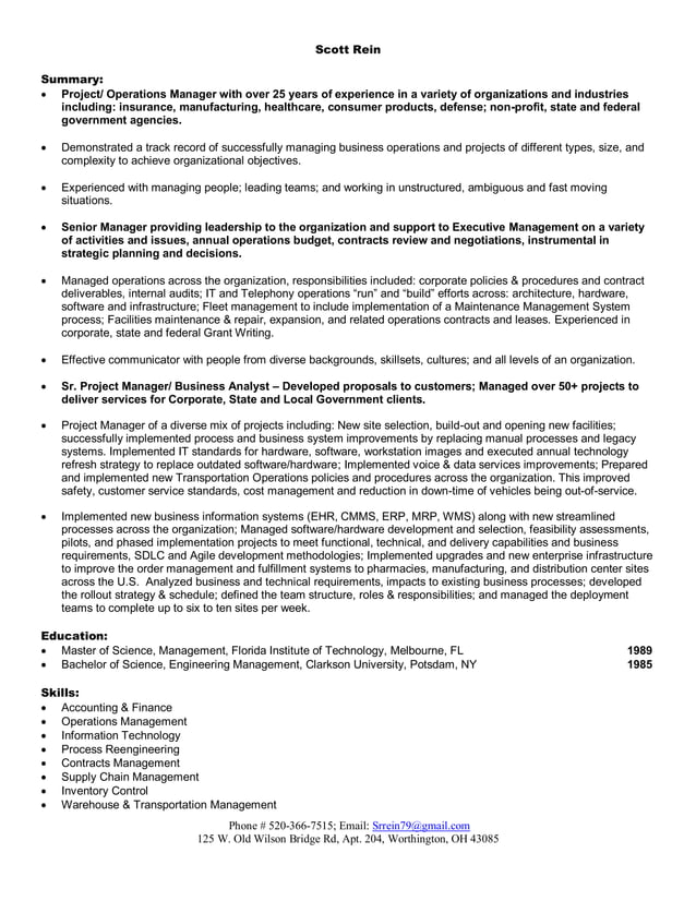 Scott Rein Operations Manager Resume | PDF | Executive Leadership ...