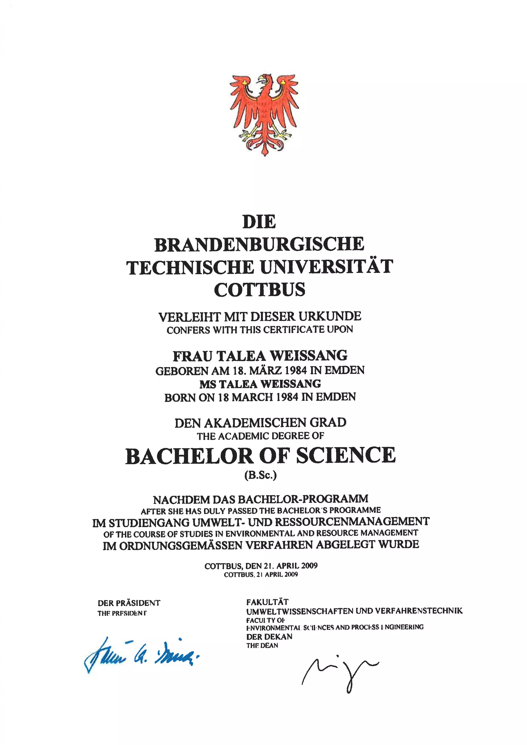 Certificate B.Sc. in Environmental and Resource Management | PDF