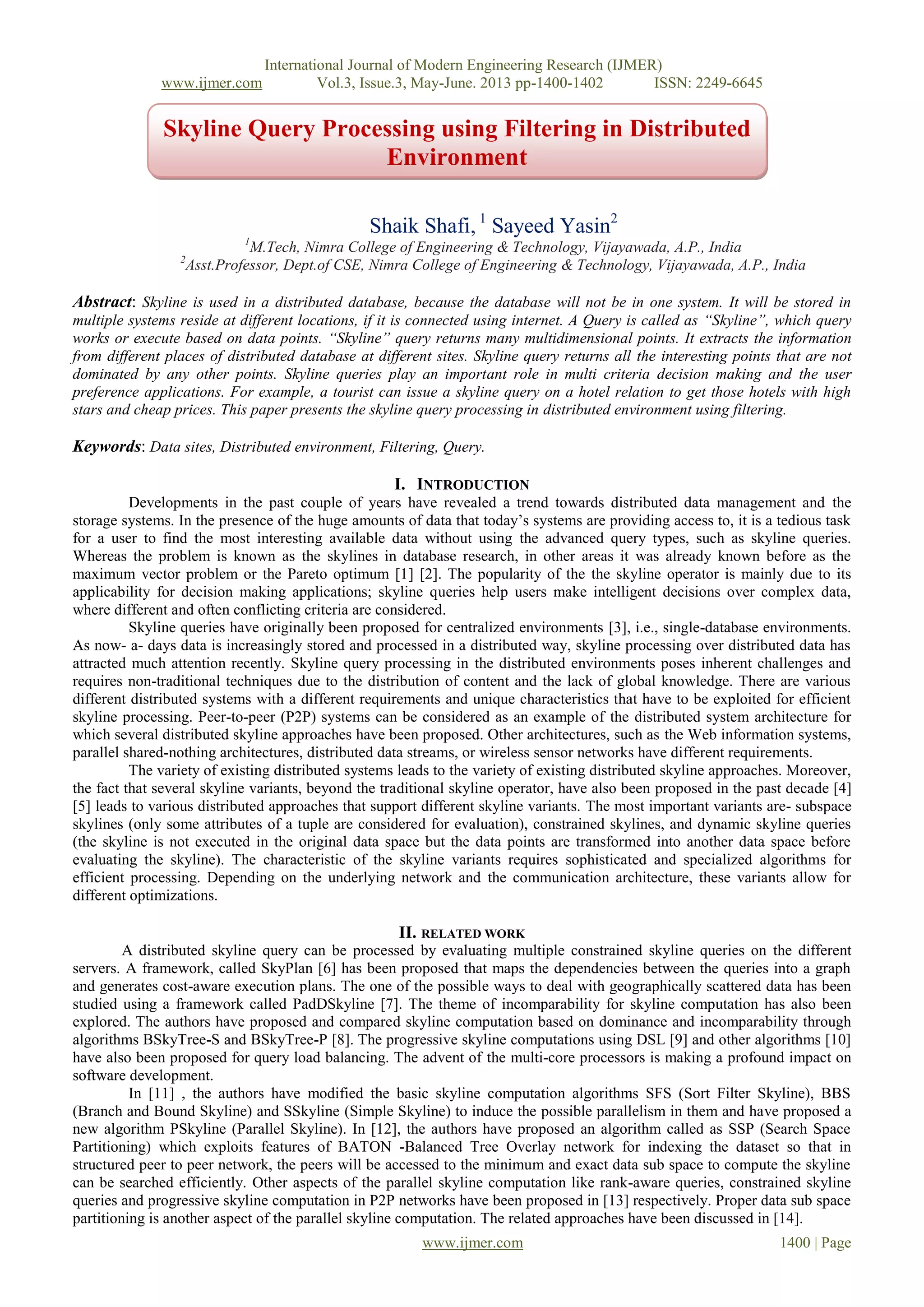 Skyline Query Processing using Filtering in Distributed Environment | PDF