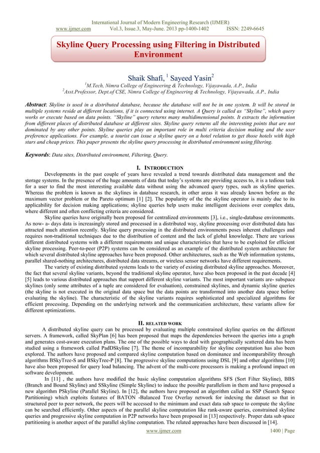 Skyline Query Processing using Filtering in Distributed Environment | PDF
